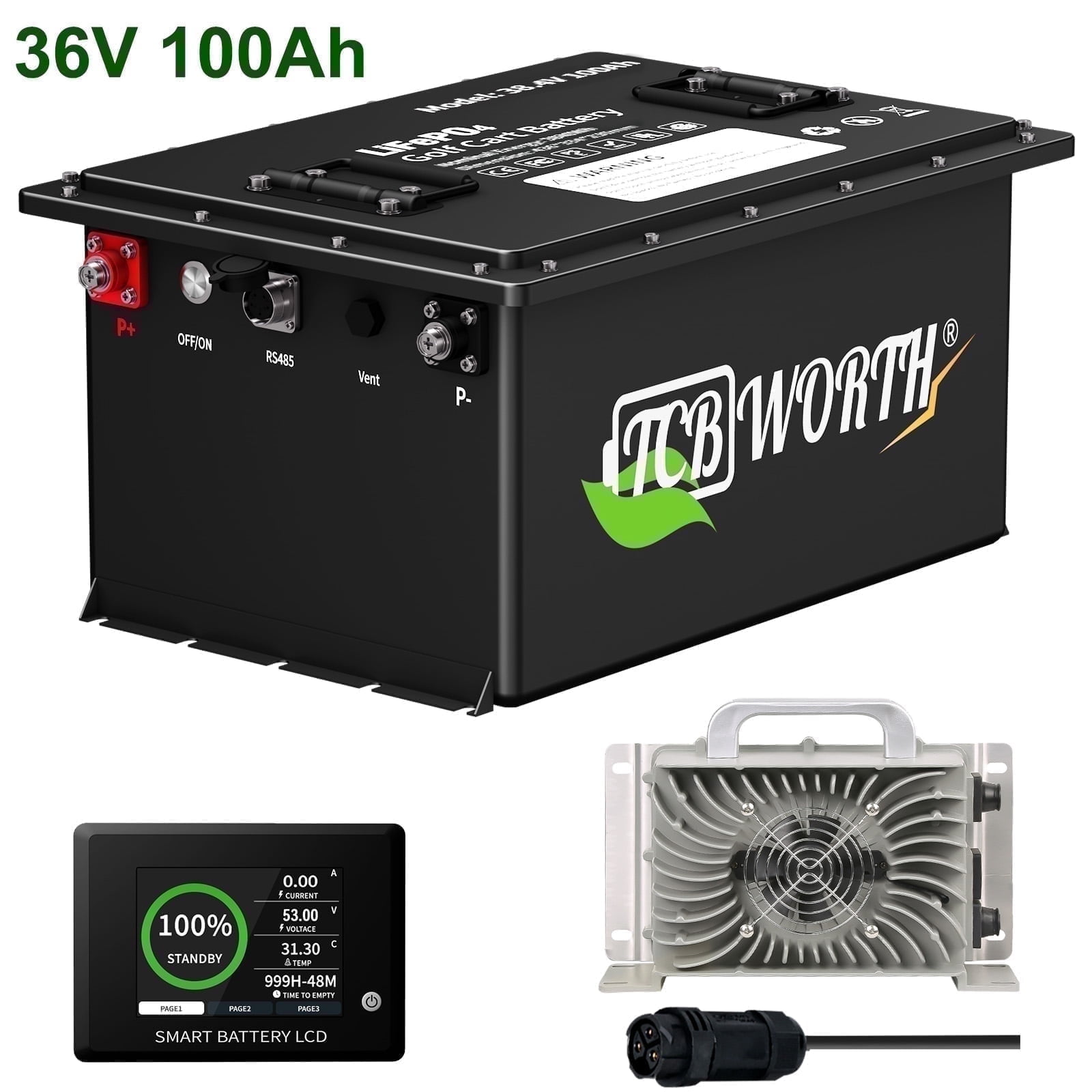 TCBWORTH 36V 100Ah Golf Cart Battery, 200A BMS, 15000 Cycles Lifepo4 ...