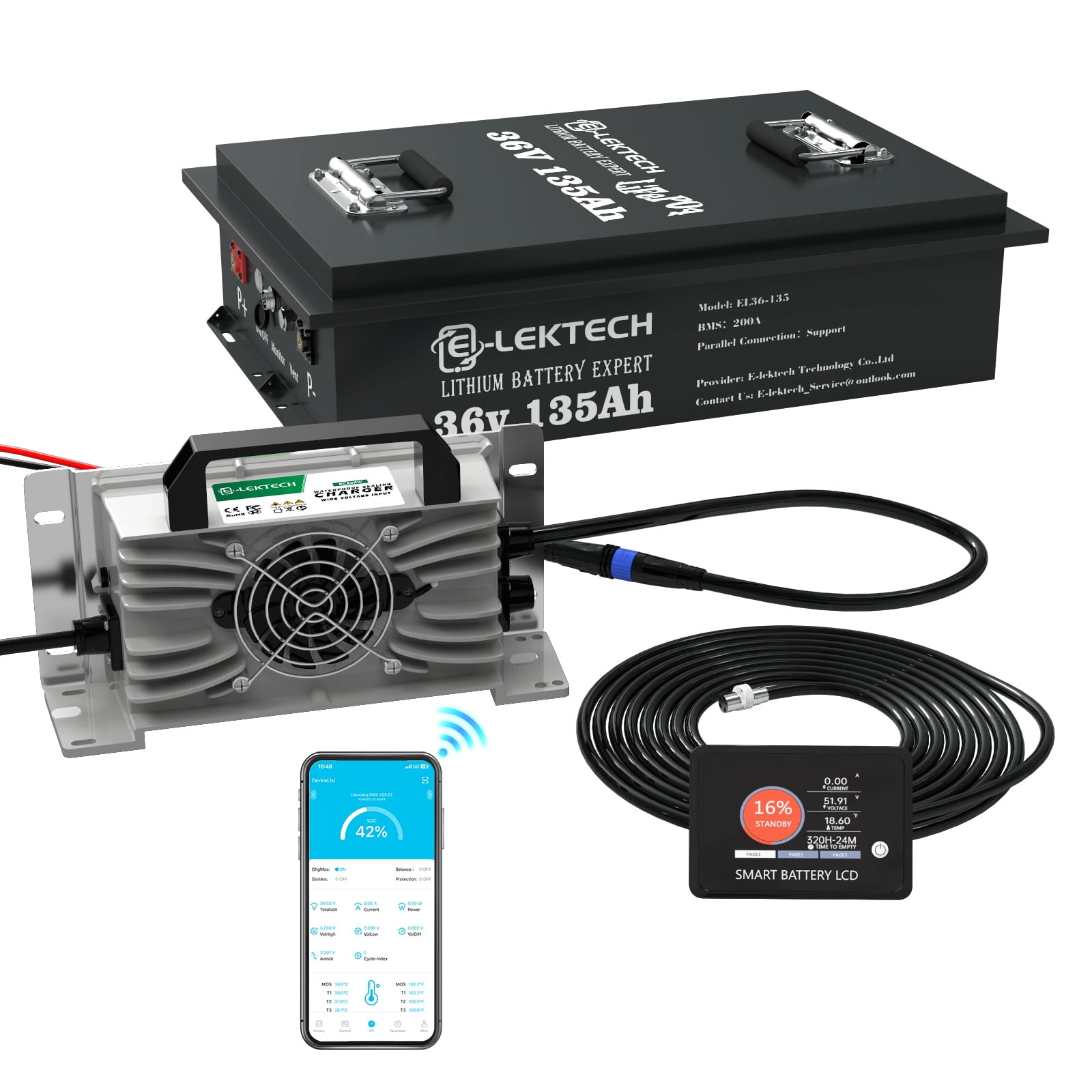 36V 135Ah Lithium Golf Cart Battery with 36V Charger & APP Monitor ...