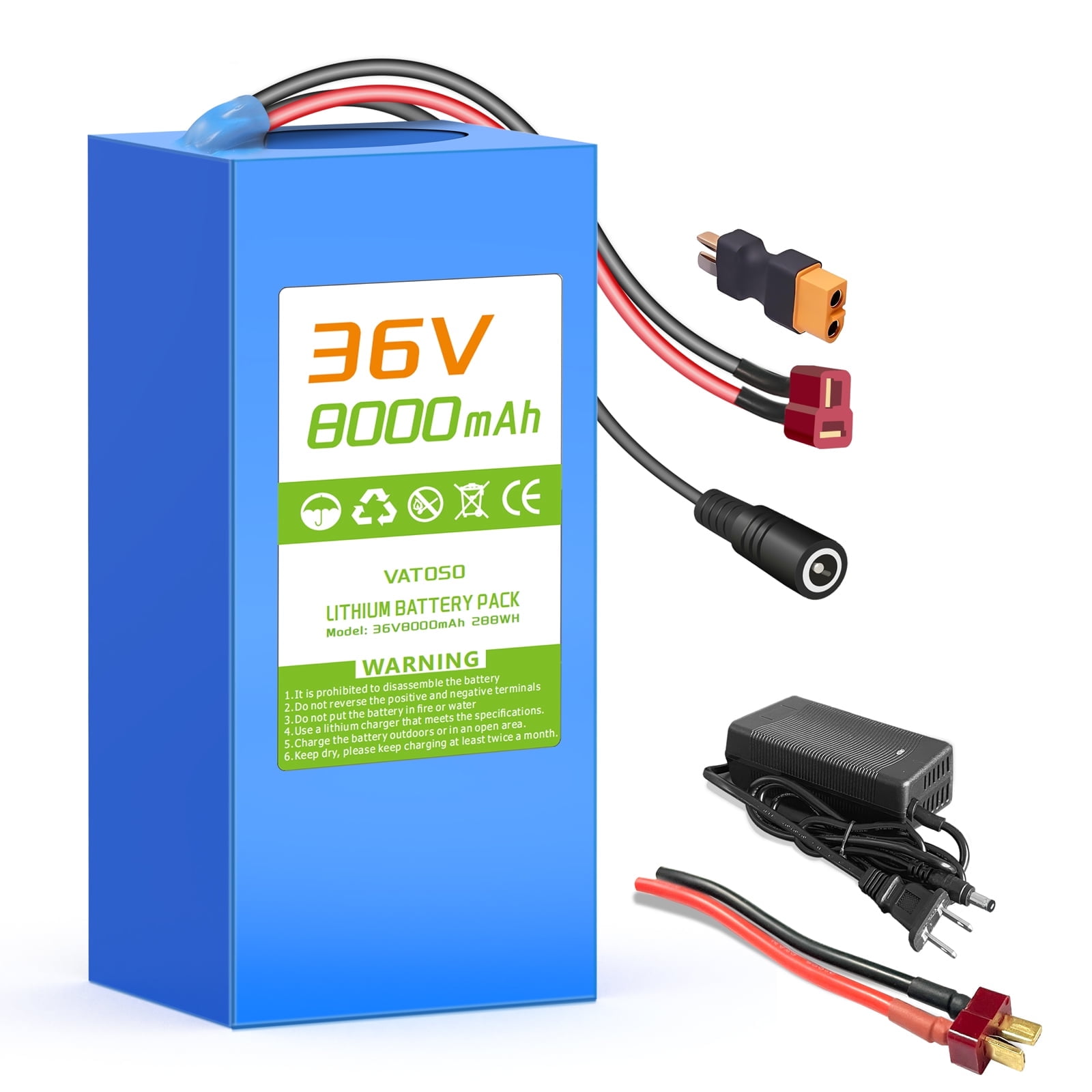 VATOSO 36V 8Ah Lithium Battery, Built-in 30A BMS, XT60 SM Connector ...