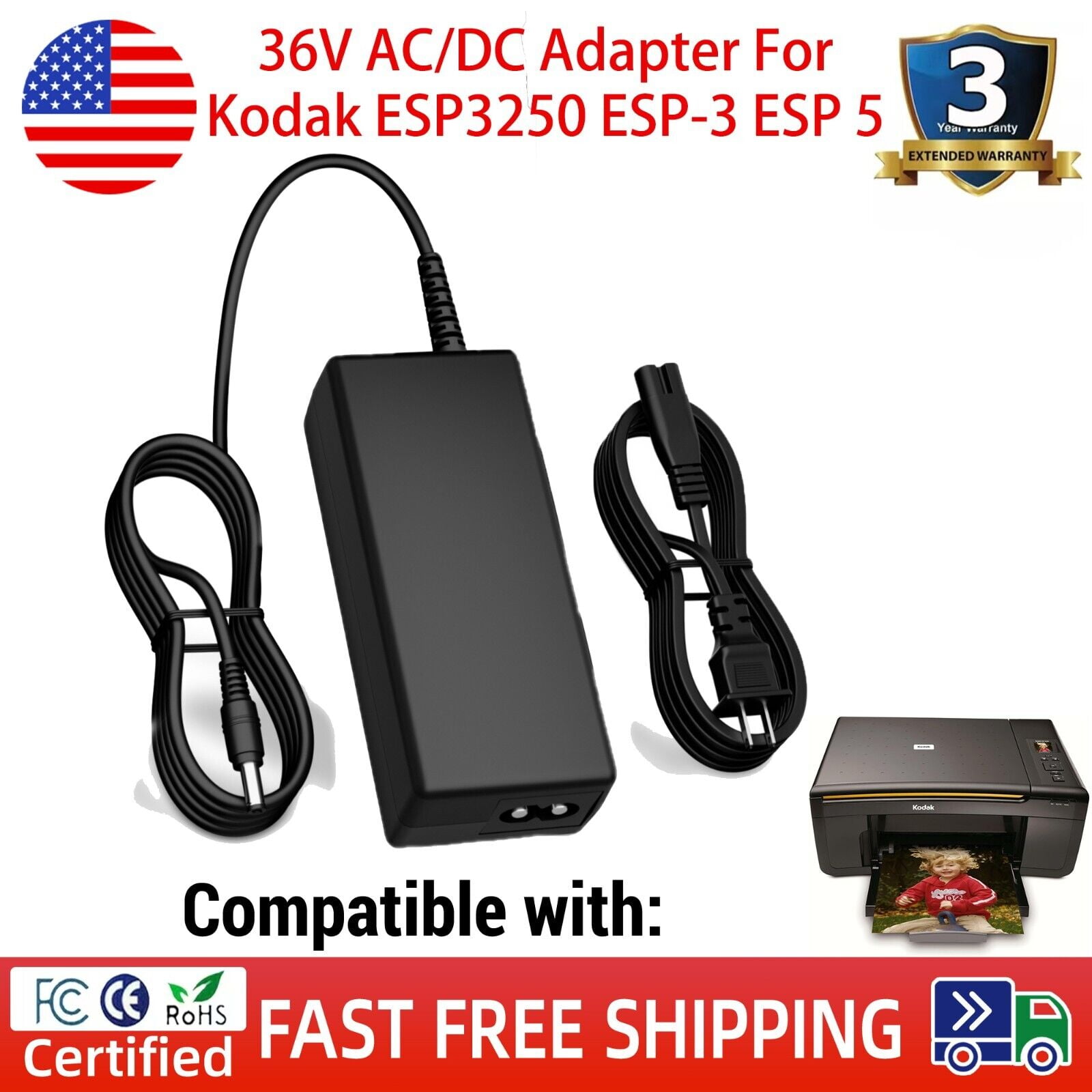 36V AC/DC Adapter For Kodak ESP3250 ESP-3 ESP 5 Printer Power Supply ...