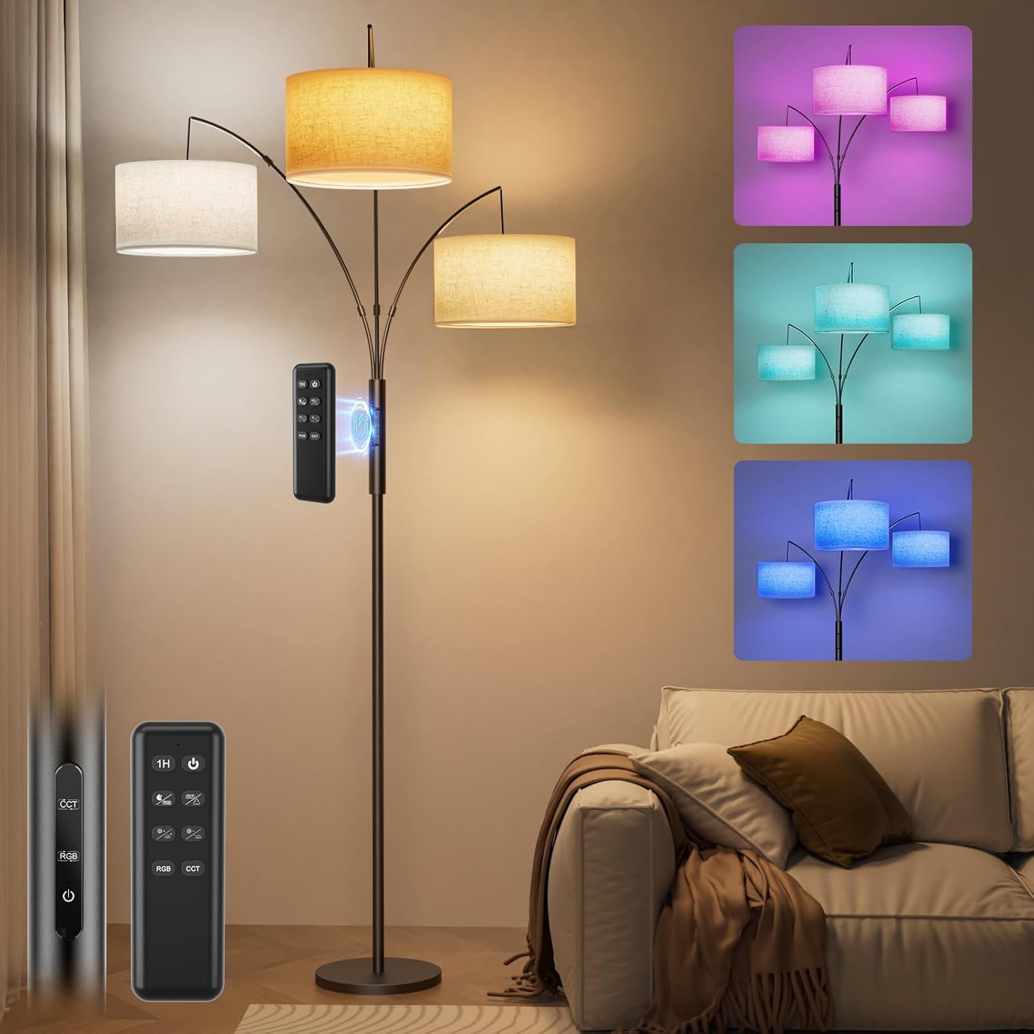 36W Arc Floor Lamp with 3 Fabric Shades, 3000LM Bright Standing Lamp ...