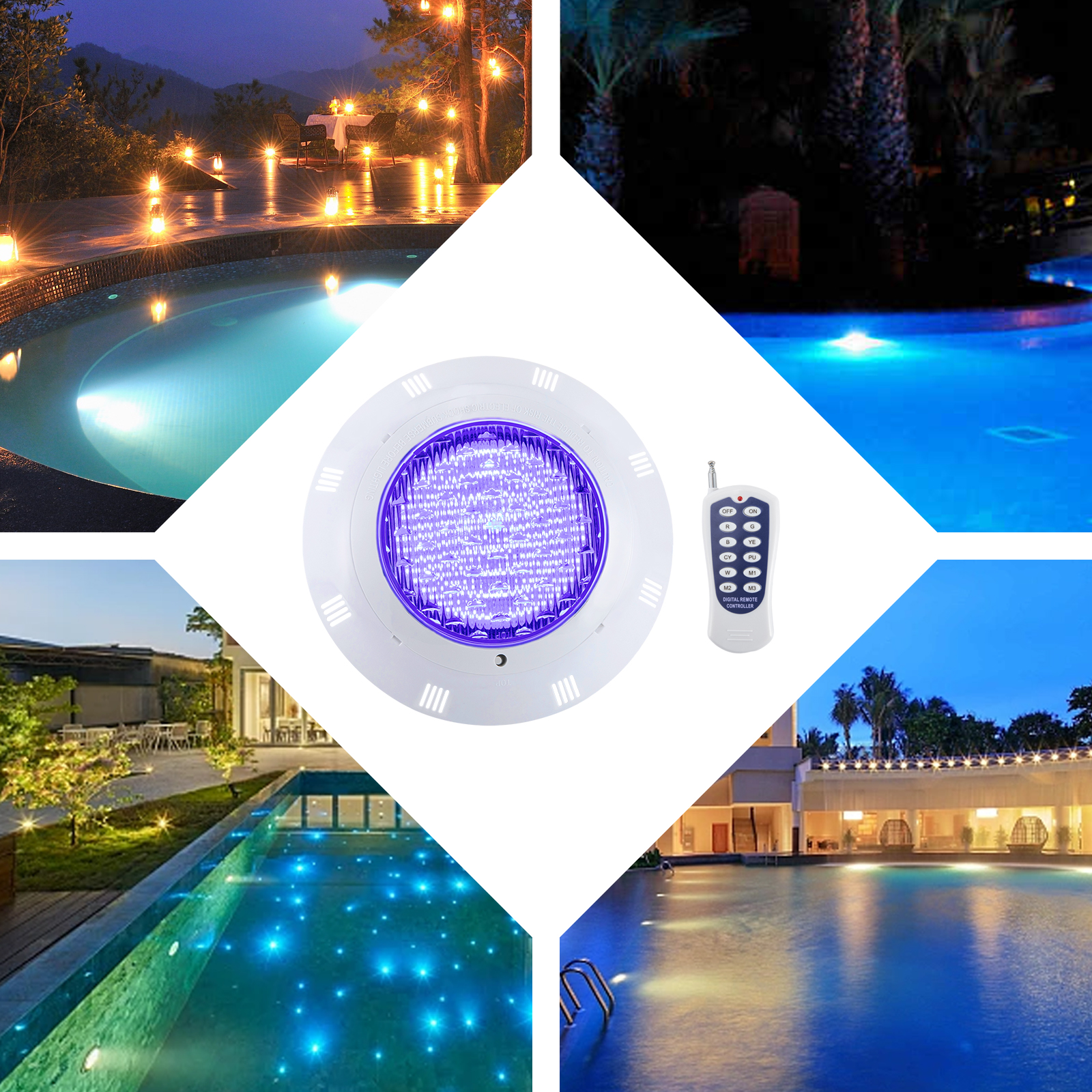 36W RGB LED Underwater Pool Light with Remote Control, IP68 Waterproof, 7 Colors & 15 Modes for ...