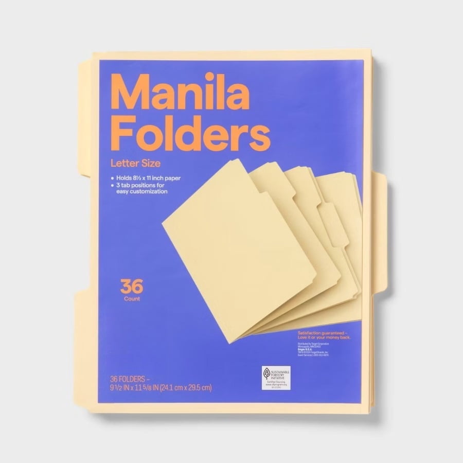 36ct Brown Manila File Folders 11.62"x9.5" Top Tab Non-Pronged ...