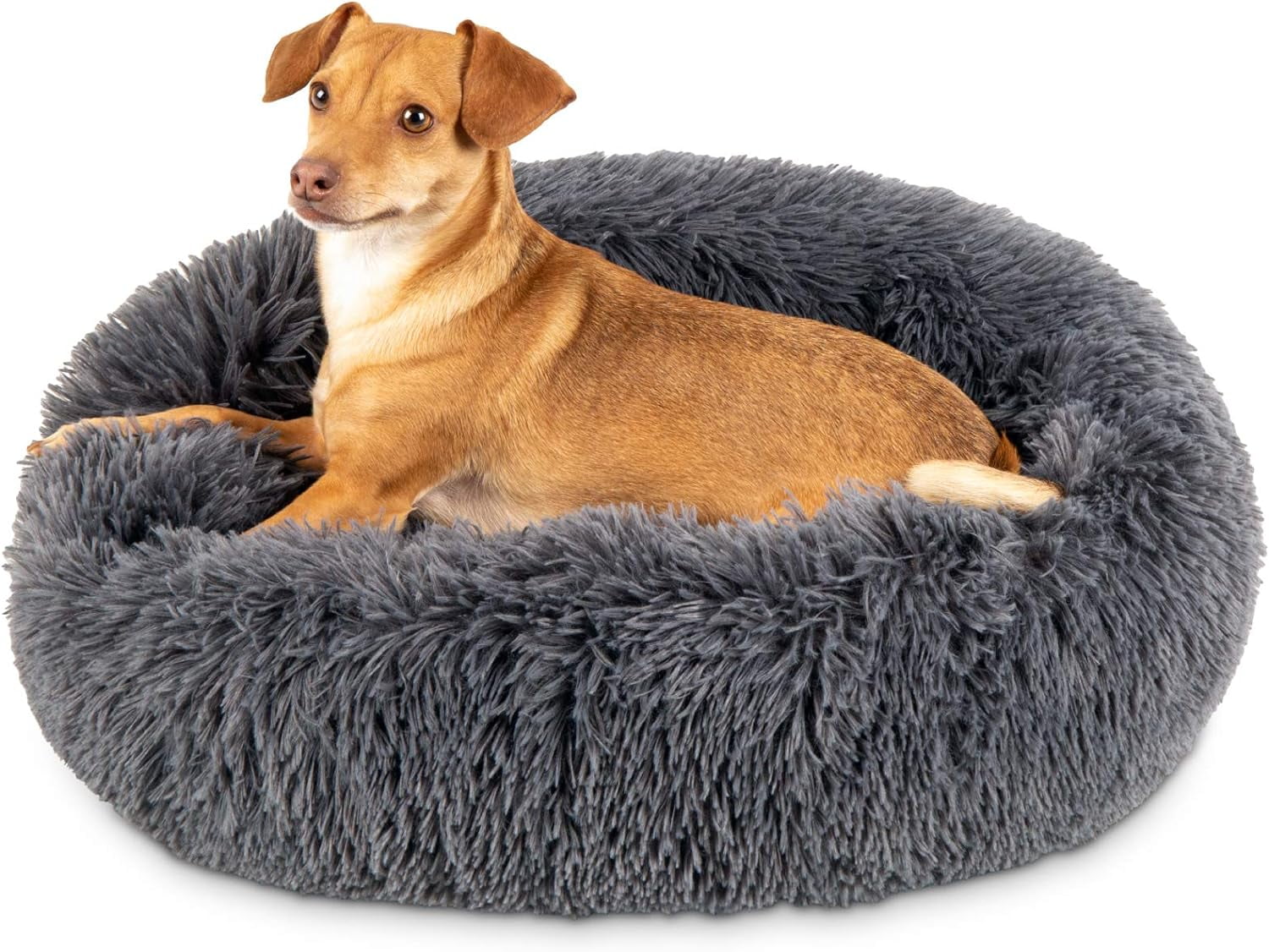 36in Dog Bed Self-Warming Plush Shag Fur Donut Calming Pet Bed Cuddler ...