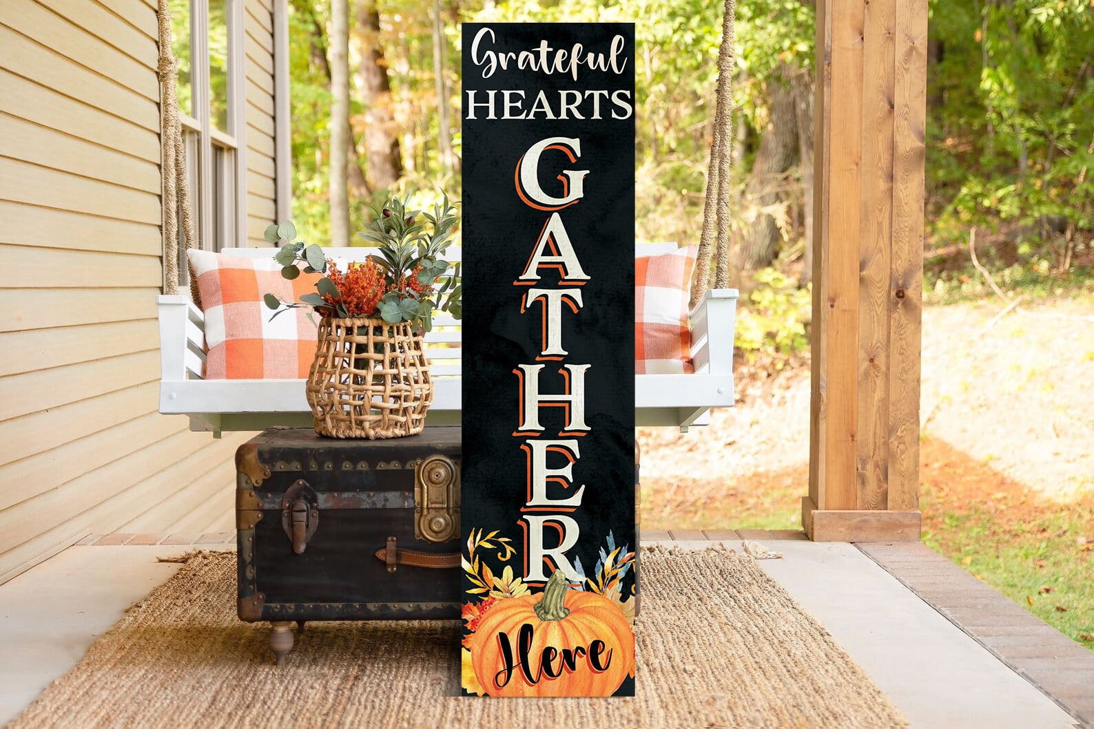 36in "Grateful Hearts Gather Here" Fall Porch Sign - Rustic Wooden ...
