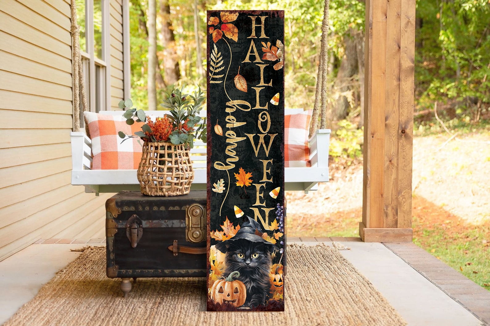 36in Happy Halloween Porch Sign - Front Porch Halloween Black Cat ...