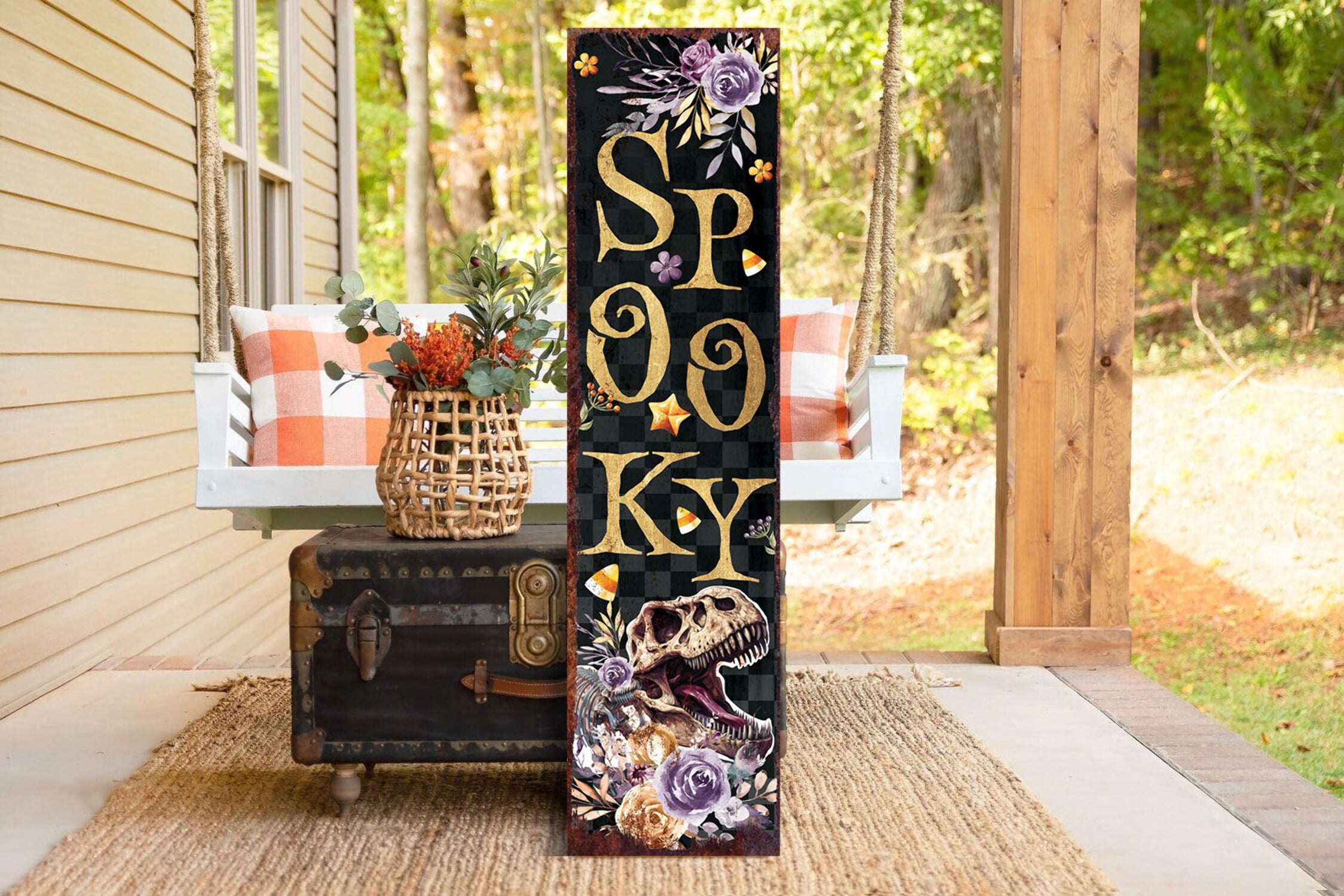 36in "Spooky" Halloween Porch Sign with Dinosaur Design - Front Porch ...