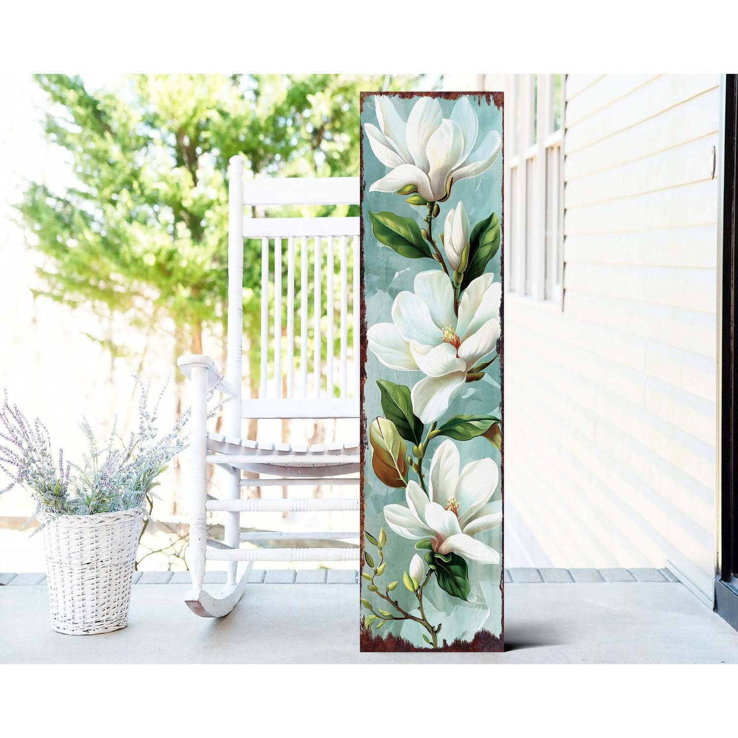 TX USA 36in Spring Magnolia Porch Sign Playful Watercolor White ...