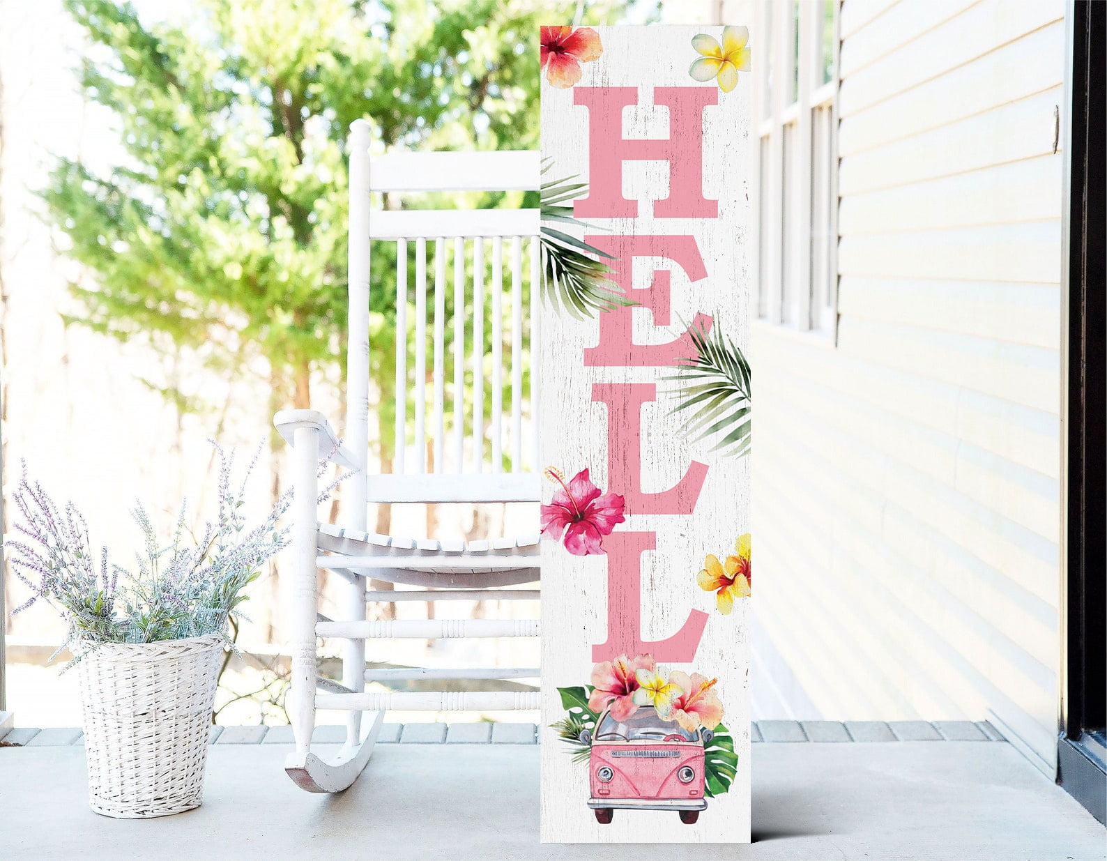 36in Tropical Hello Porch Sign with Floral Bus Pattern for Front Door ...