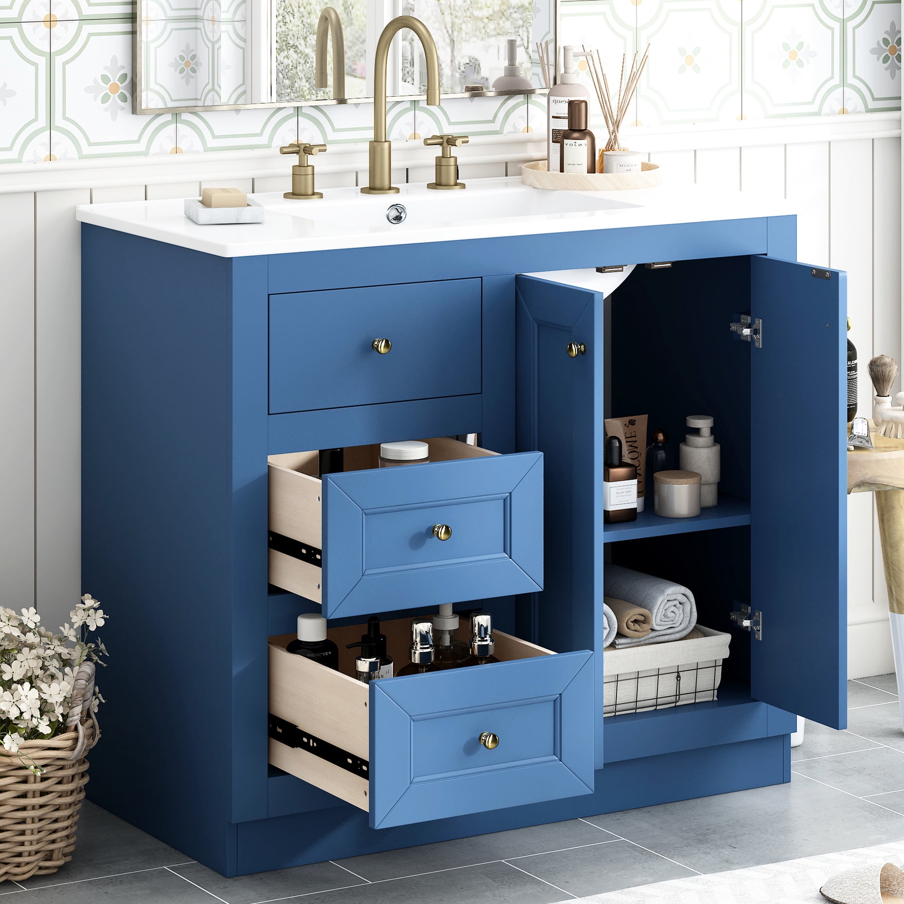 36inch Bathroom Cabinet With Ceramic Sink - Blue, Spacious And ...