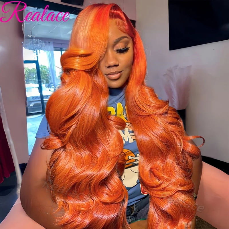 36inch Ginger Orange Lace Front Wigs Human Hair Pre Plucked 200% ...