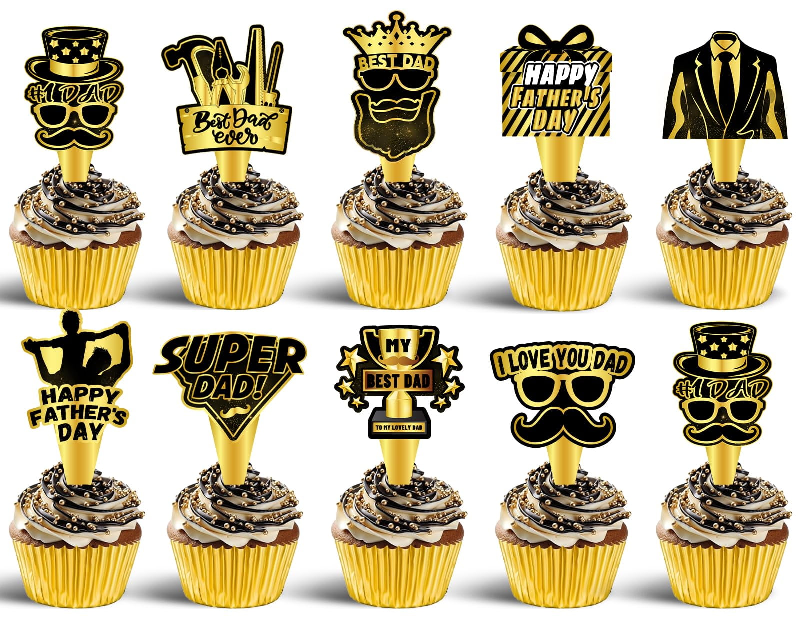 36pcs Black Gold AJH3 Happy Fathers Day Cupcake Toppers, Love Dad Best ...