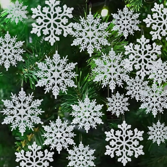 36pcs Christmas Silver Snowflake Ornaments Plastic Glitter Snow Flakes ...
