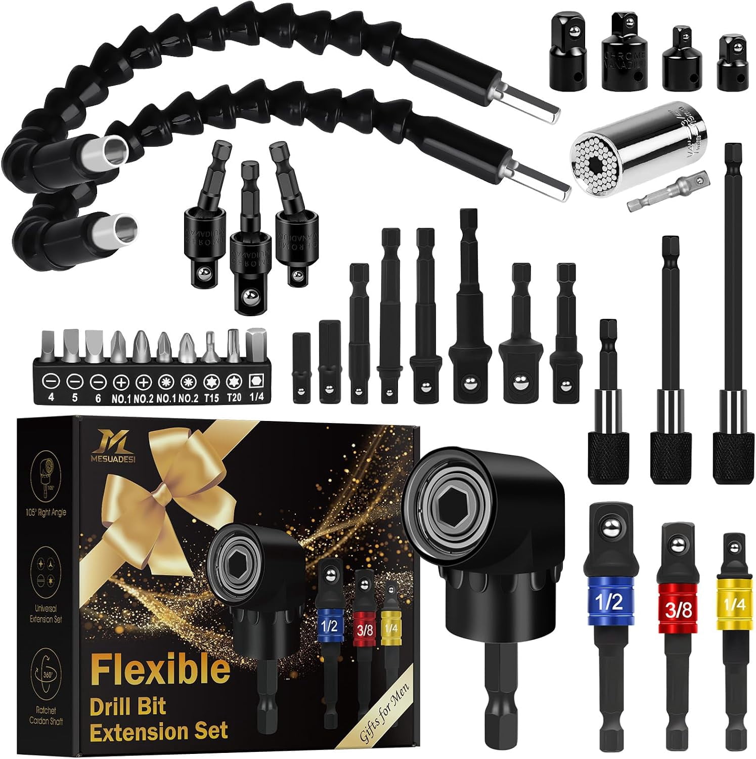 36pcs Flexible Drill Bit Extension Set, Including 105° Right Angle ...