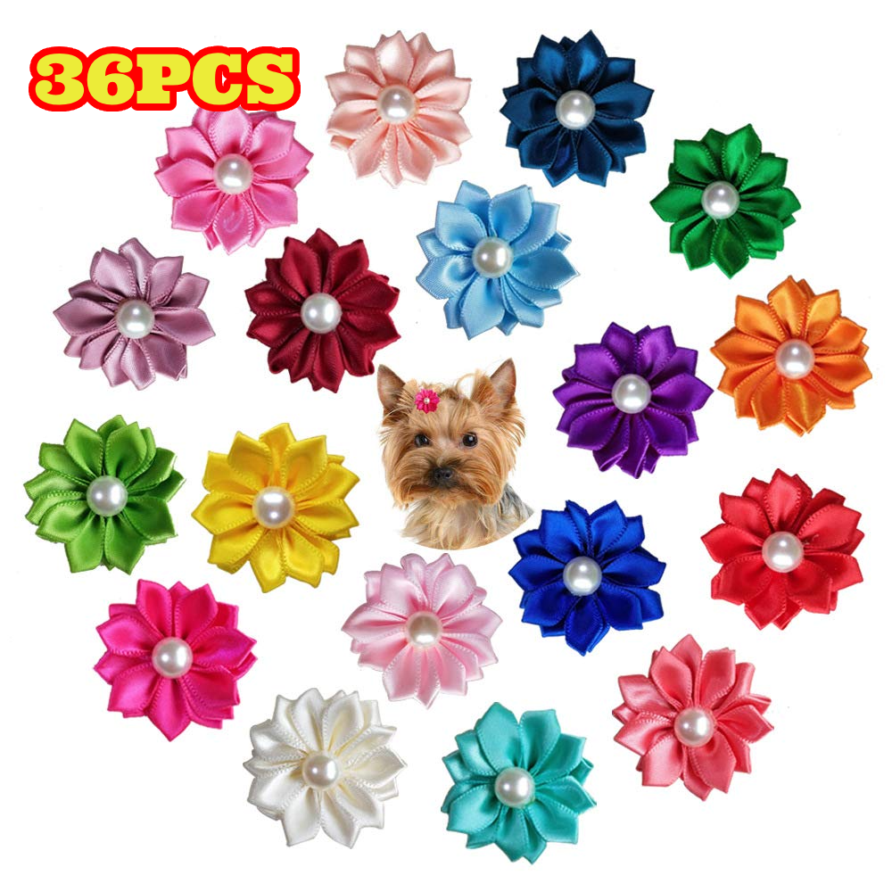 36pcs Cute Dog Bows with Rubber Bands, Pearls Flowers Topknot Dog Hair ...