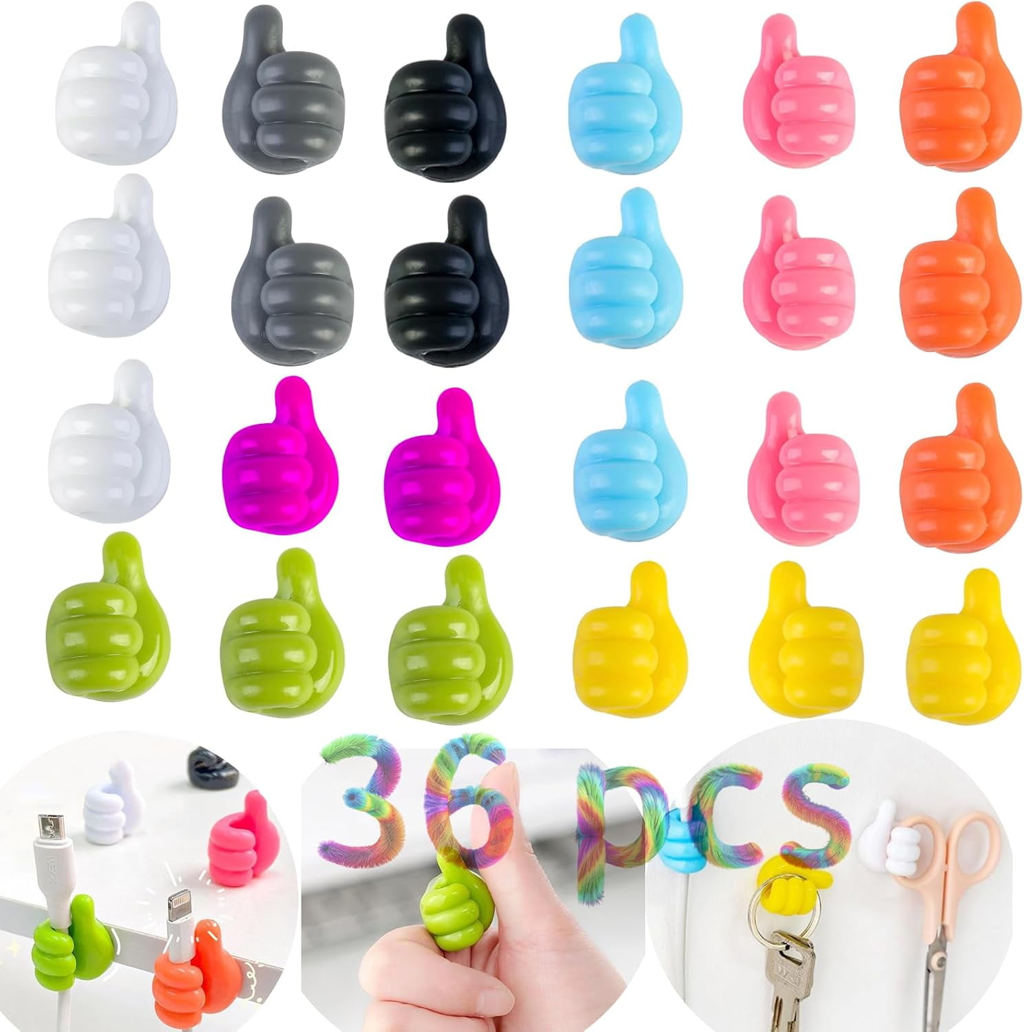36pcs Silicone Thumb Wall Hooks - Self-Adhesive Cable Clips, Funny Cord ...