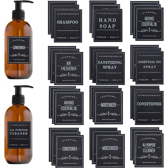 36pcs Waterproof Bottle Label Stickers Black Removable Bathroom Label ...