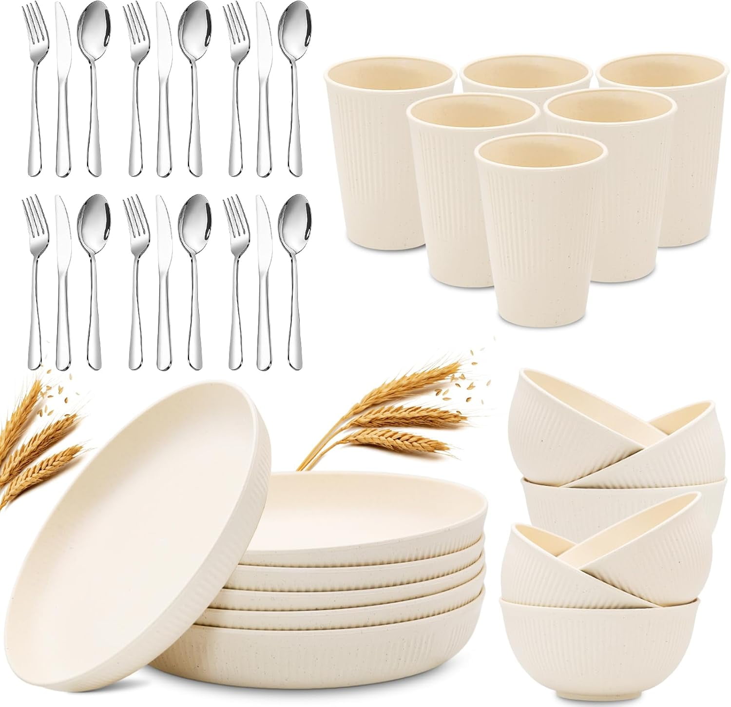 36pcs Wheat Straw Dinnerware Sets, Unbreakable Reusable Kitchen Cups ...