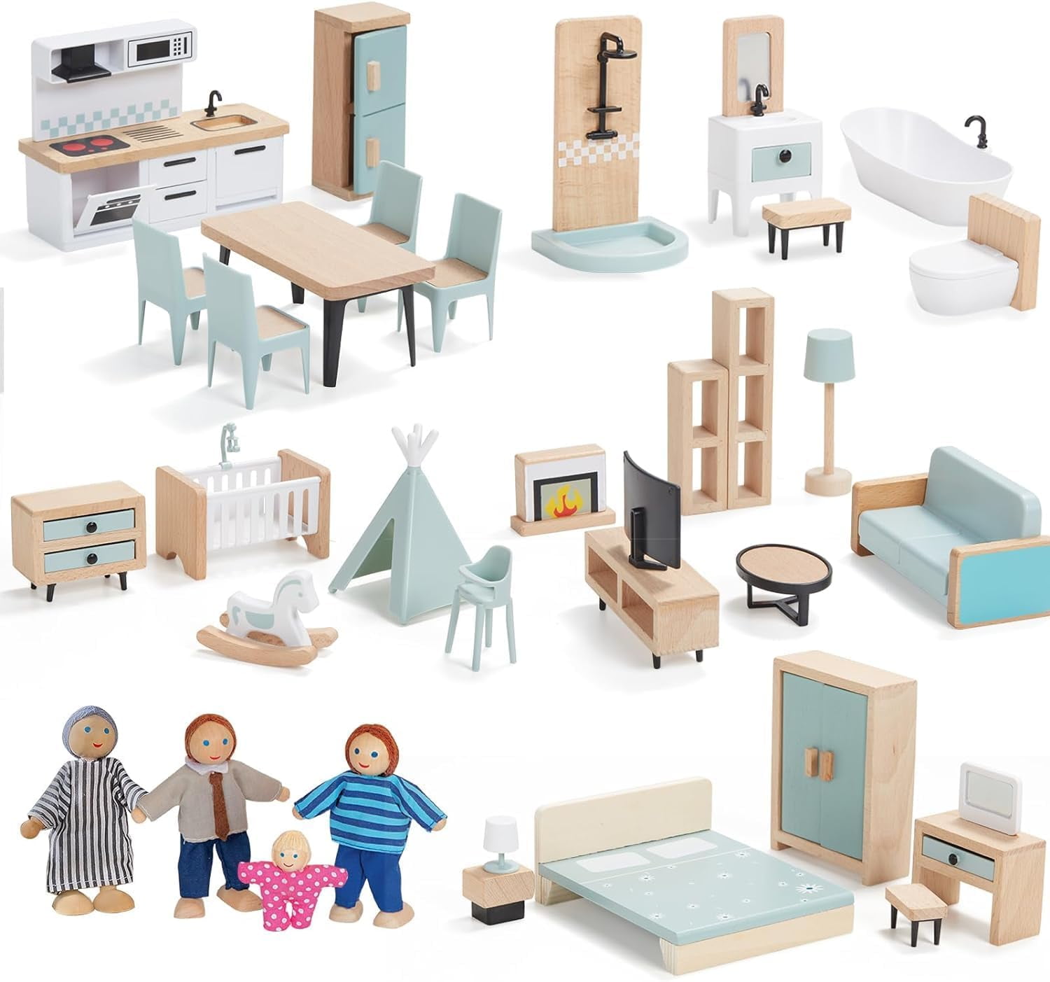 36pcs Wooden Dollhouse Furniture Set 5 Rooms with 4 Family Dolls, Wood ...