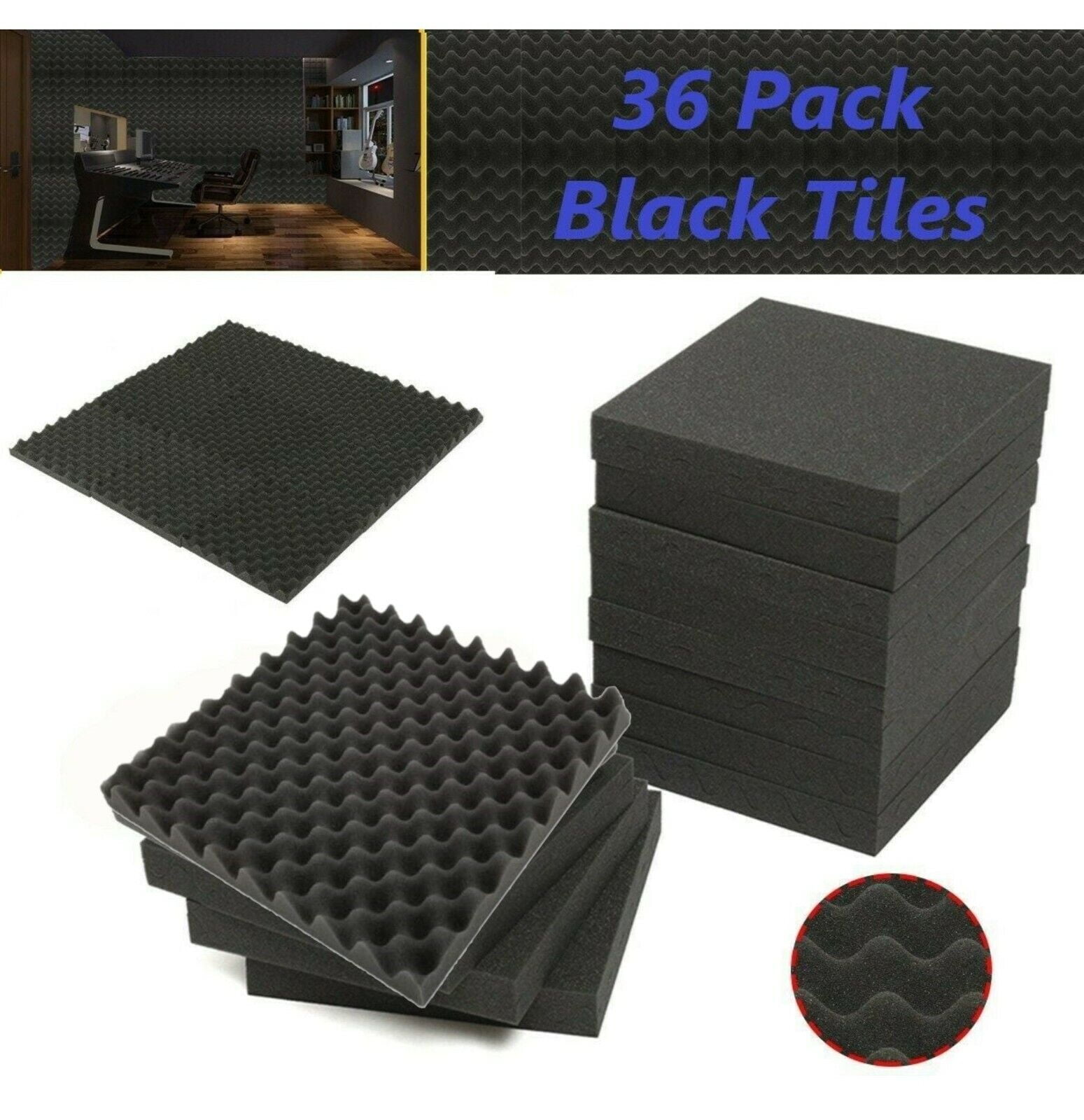 36pk Premium Acoustic Foam Black Egg Crate Wall Tile Soundproofing 12 ...