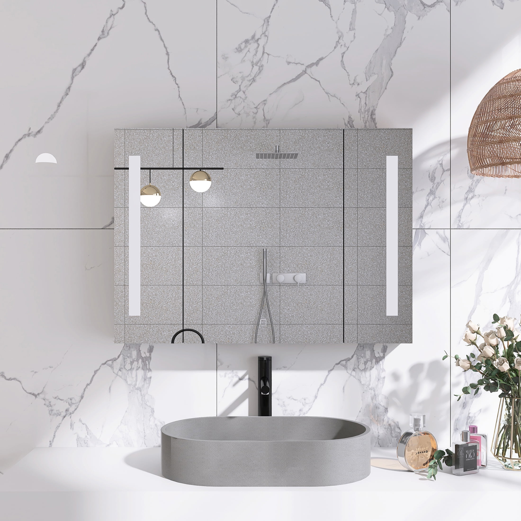 36x26 inch Black LED Mirror Medicine Cabinet,3-Door&6-Removable Shelf ...