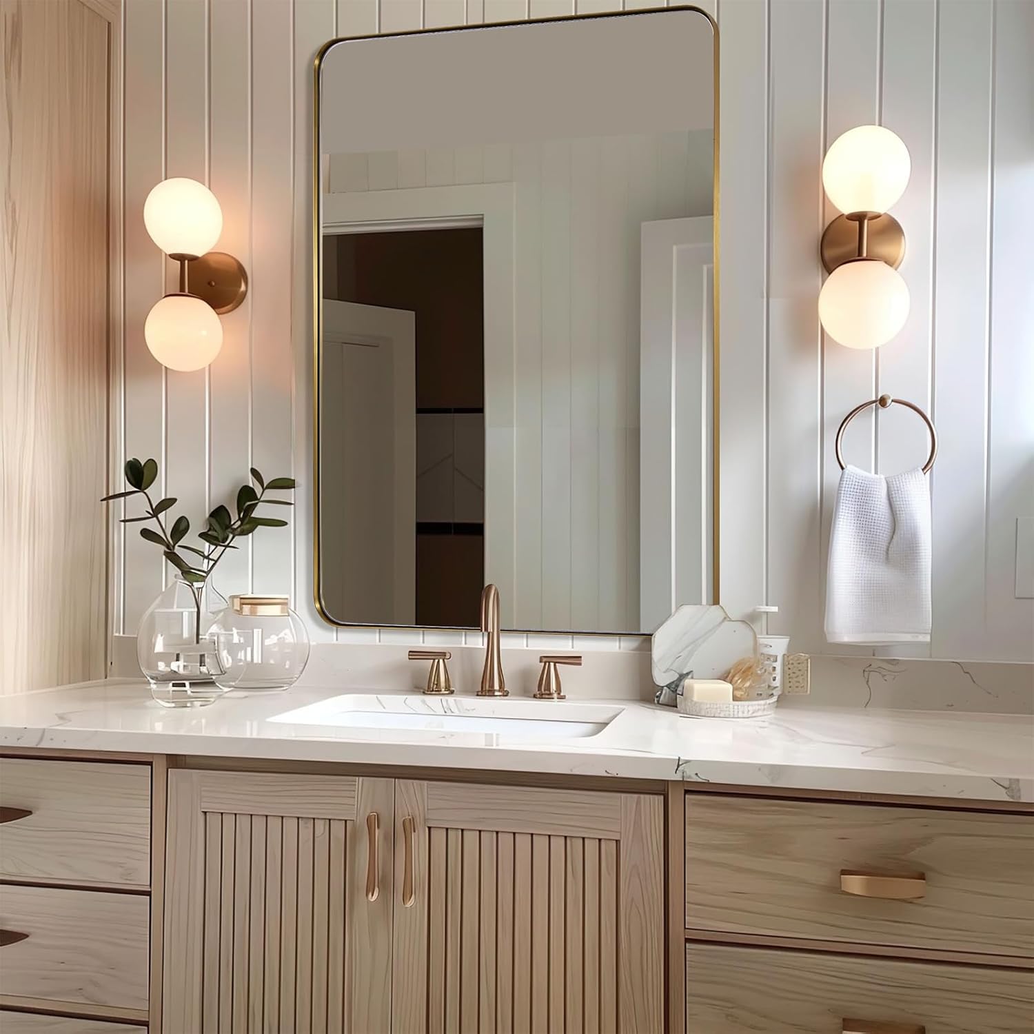 36x48 Gold Bathroom Wall Mirror with Brushed Brass Metal Rounded Corner ...