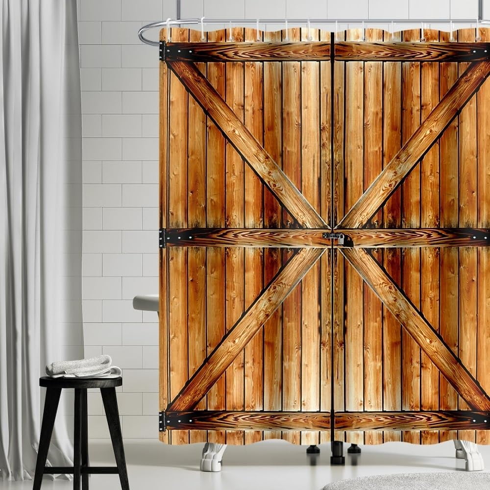 36x72 Inch Vintage Wood Plank Fabric Shower Curtains Brown Barn Door ...