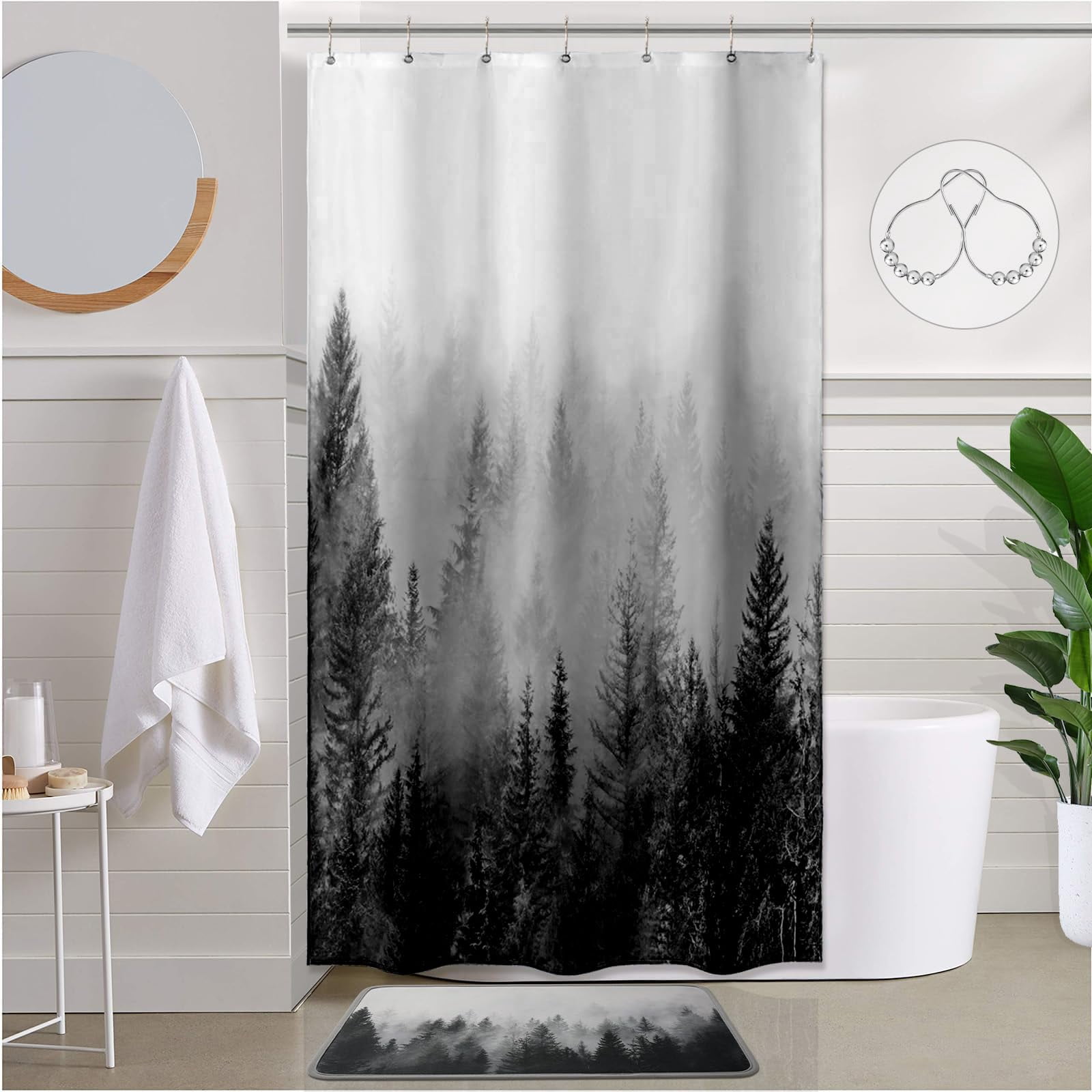 36x72 Misty Forest Stall Shower Curtain For Small Bathroom Black And ...