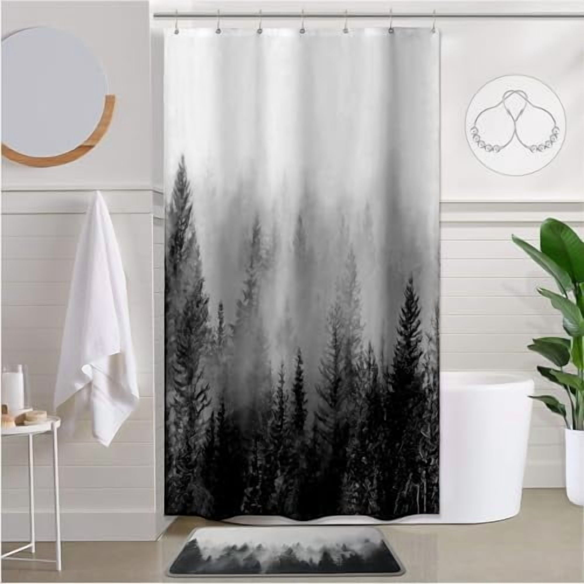 36x72 Misty Forest Stall Shower Curtain for Small Bathroom, Black and ...
