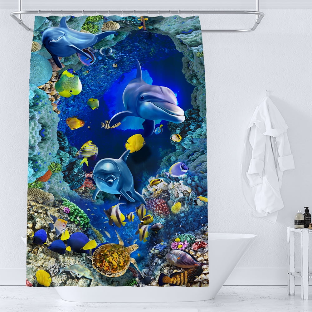 36x72h Dolphin Shower Curtains Underwater World Marine Life Fabric Bath ...