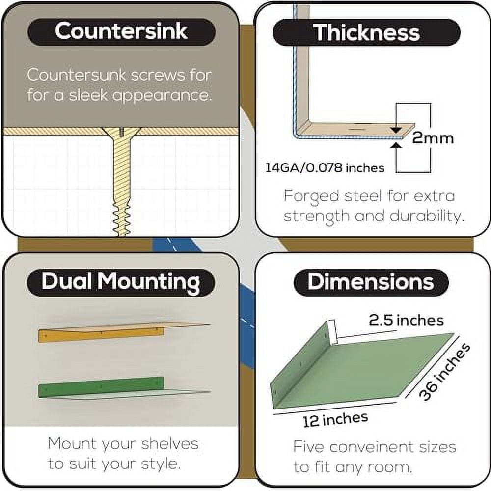 36x8 in Metal Floating Shelf Grey Wall Mounted - Made in The USA ...