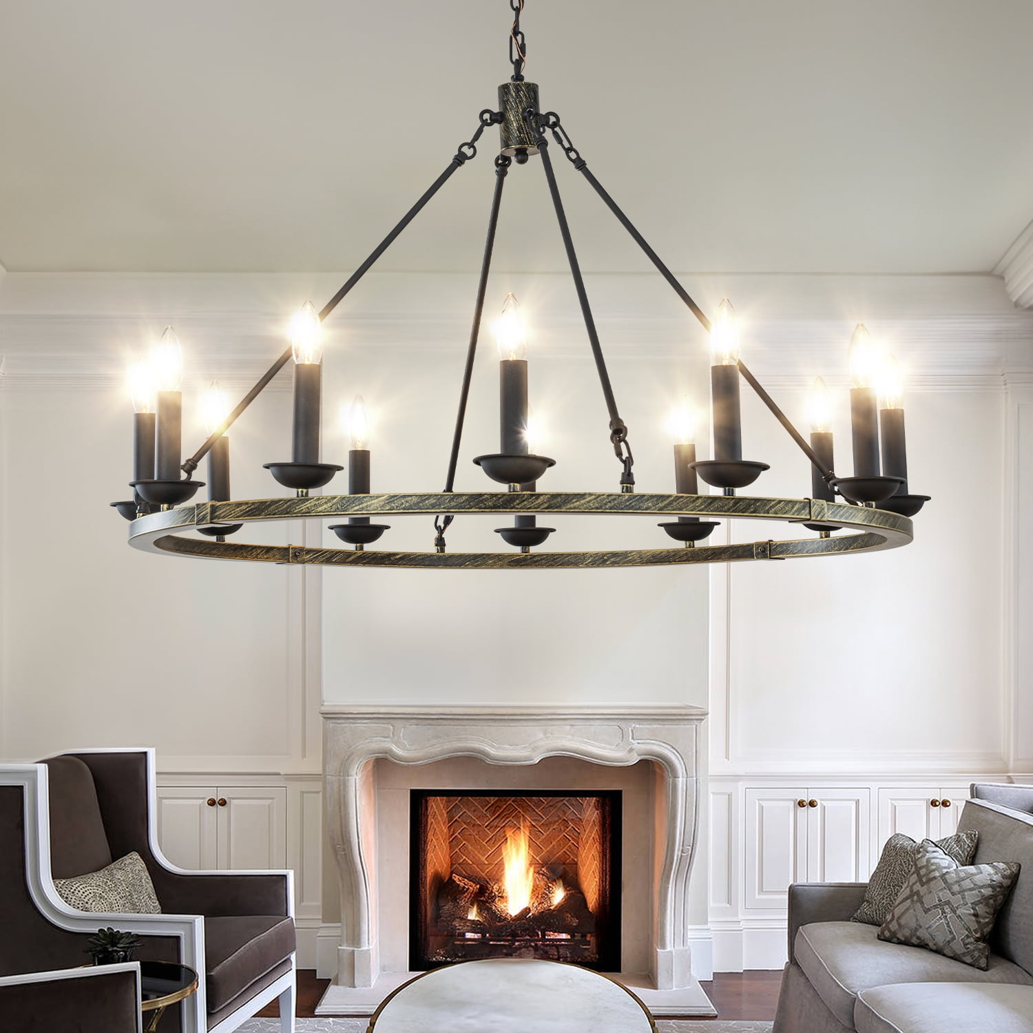 37'' 12-Light Modern Candelabra Chandelier Round Industrial Candle ...