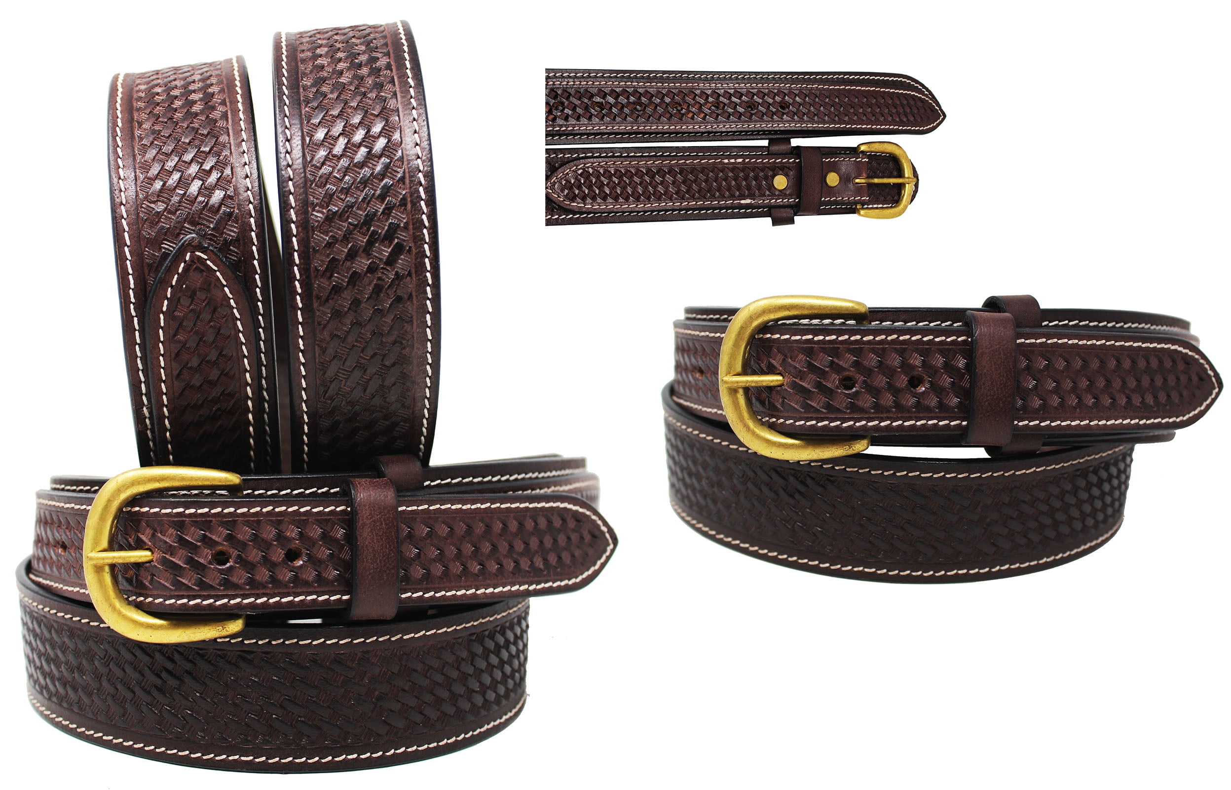 37-38 Men's 1-1/2" Wide Brown Leather Basket Weave Tooled Ranger Belt ...
