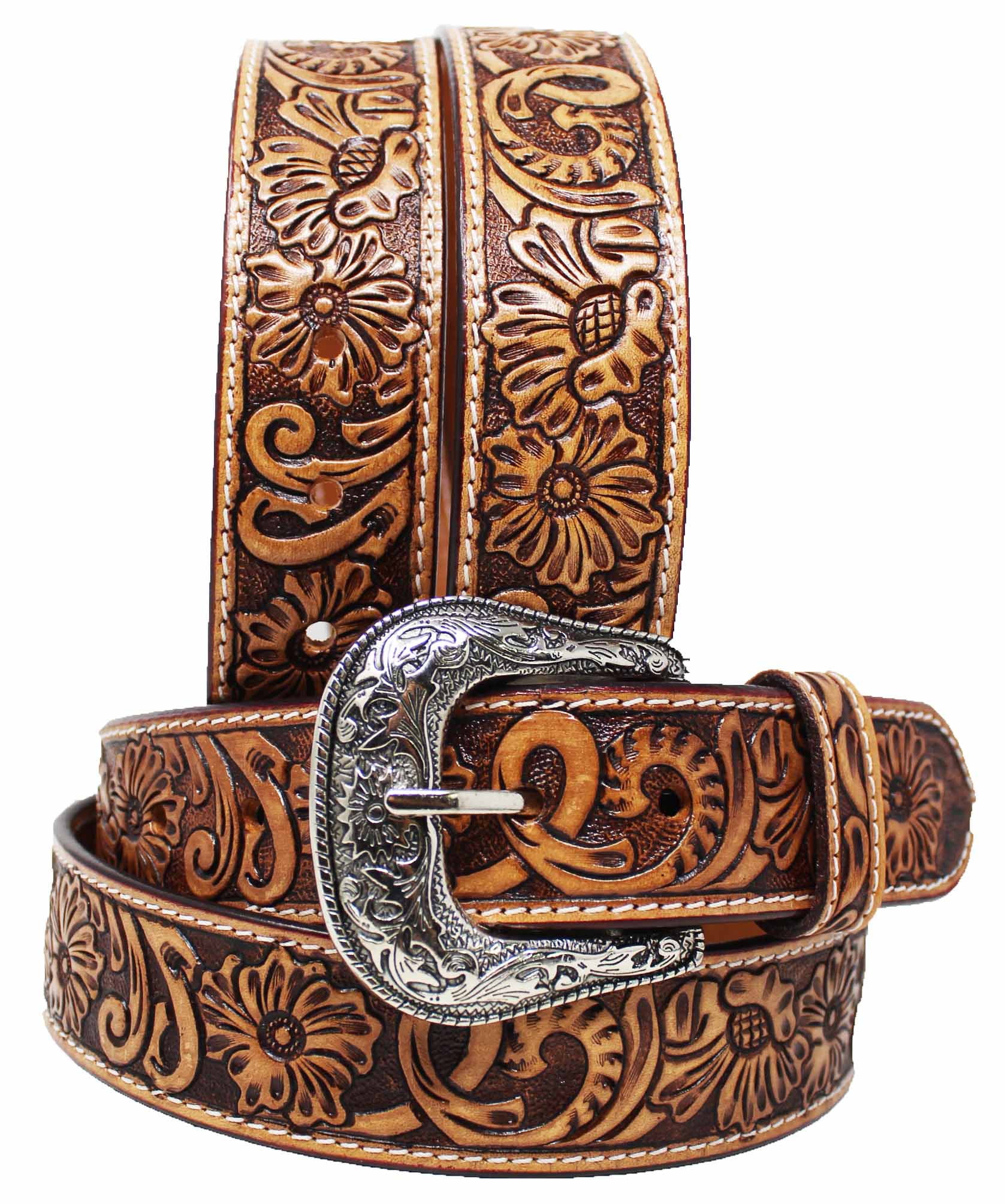 Challenger Men's 1-1/2" Wide Tan Leather Floral Tooled Casual Jean Belt ...