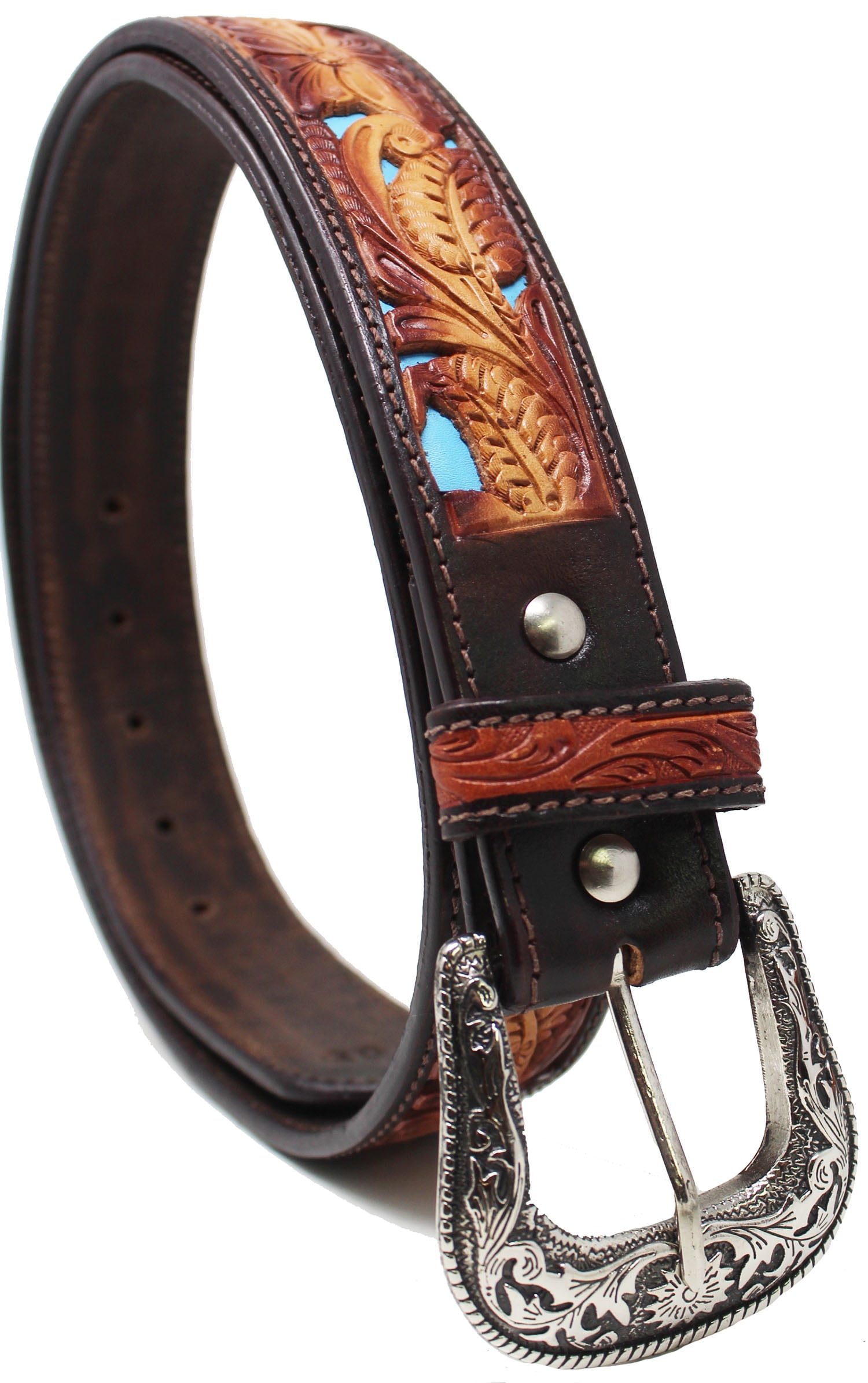 37-38 Men's 1-1/2" Wide Tan Leather Floral Tooled Casual Jean Belt ...