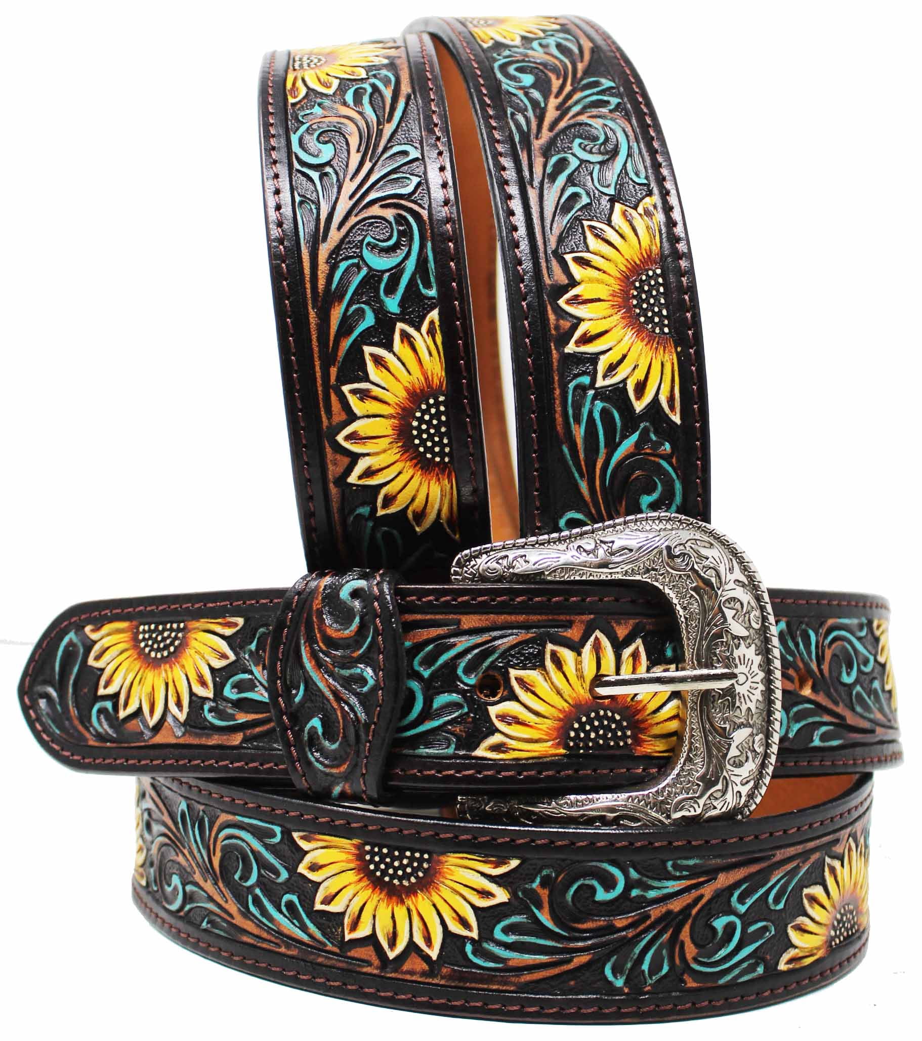 37-38 Men's 1-1/2" Wide Tan Leather Floral Tooled Casual Jean Belt ...