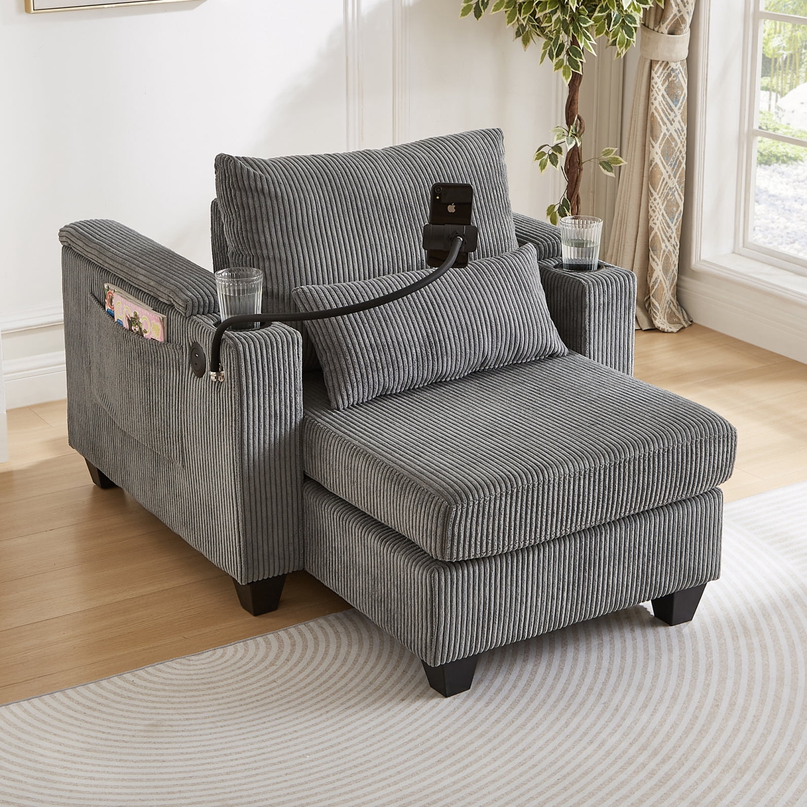 37.4" Convertible Chaise Lounge, Corduroy Sofa Bed with USB Ports, Two ...