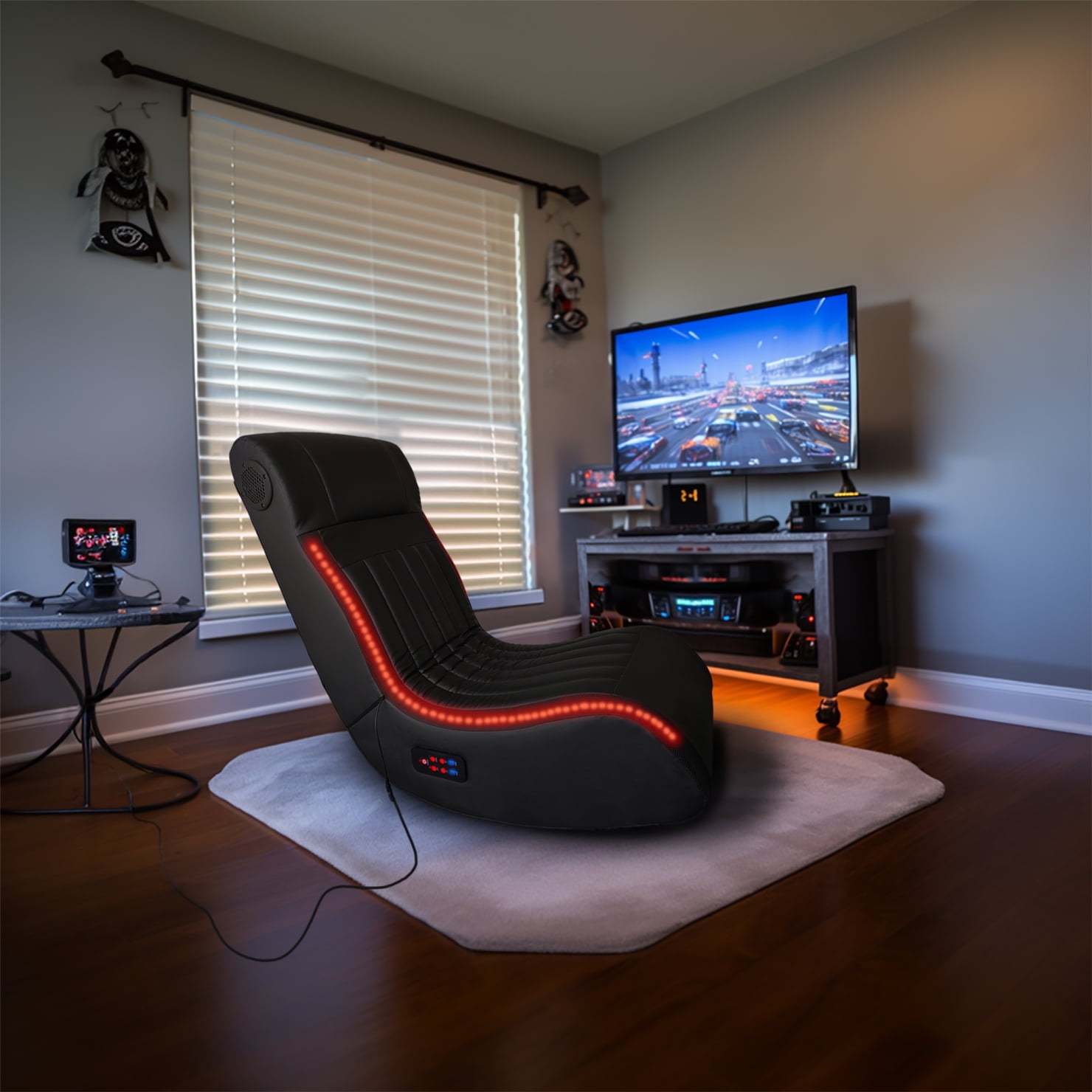 37.4 Floor Gaming Chair Modern High Back Gamer Chair with Onboard Speakers Led Strip Lighting Bluetooth Music Speakers Vibration Massage USB Charging Port Foldable Game Chair Black Walmart
