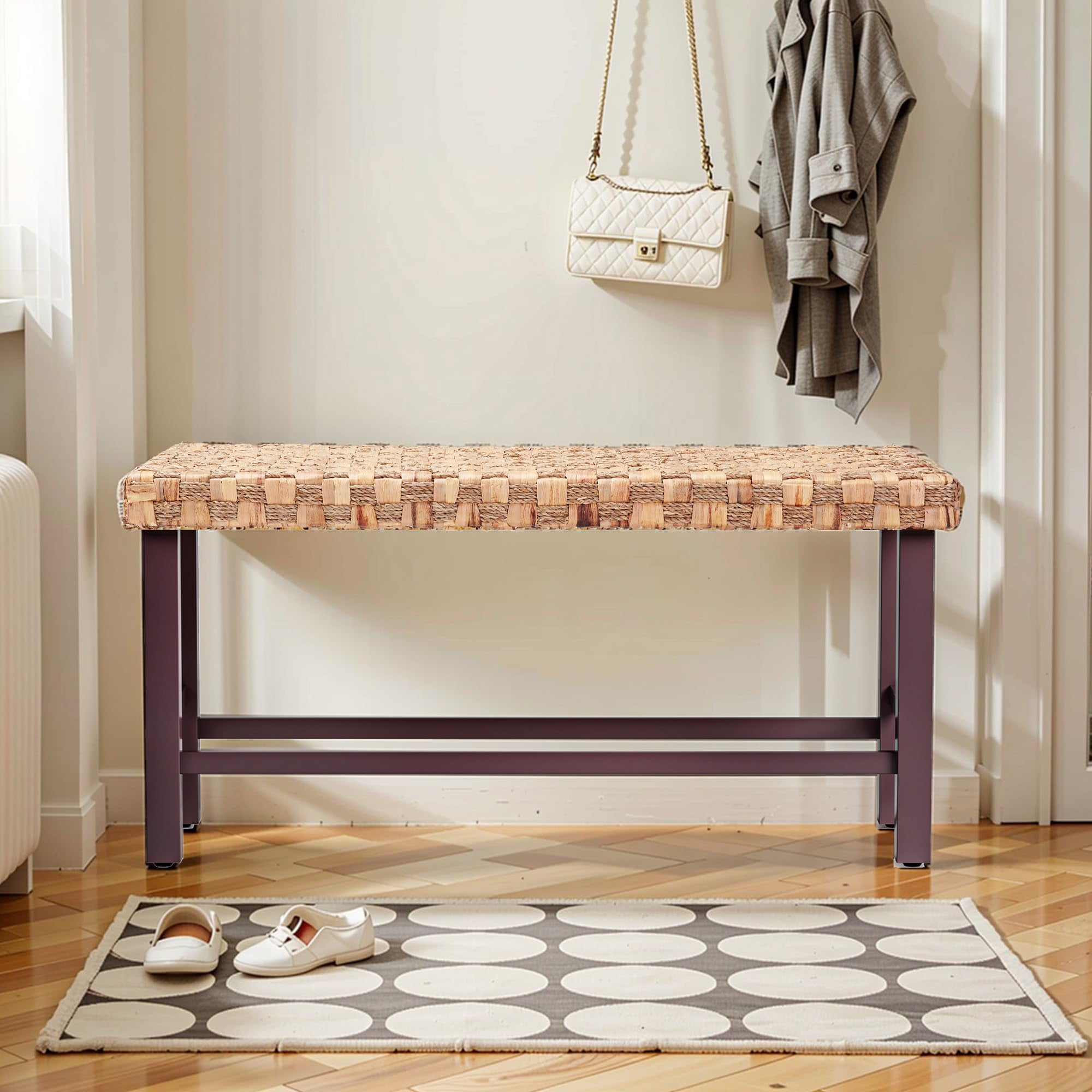 37.4" Handwoven Seagrass Dining Bench - Adjustable Foot Pegs, Solid ...