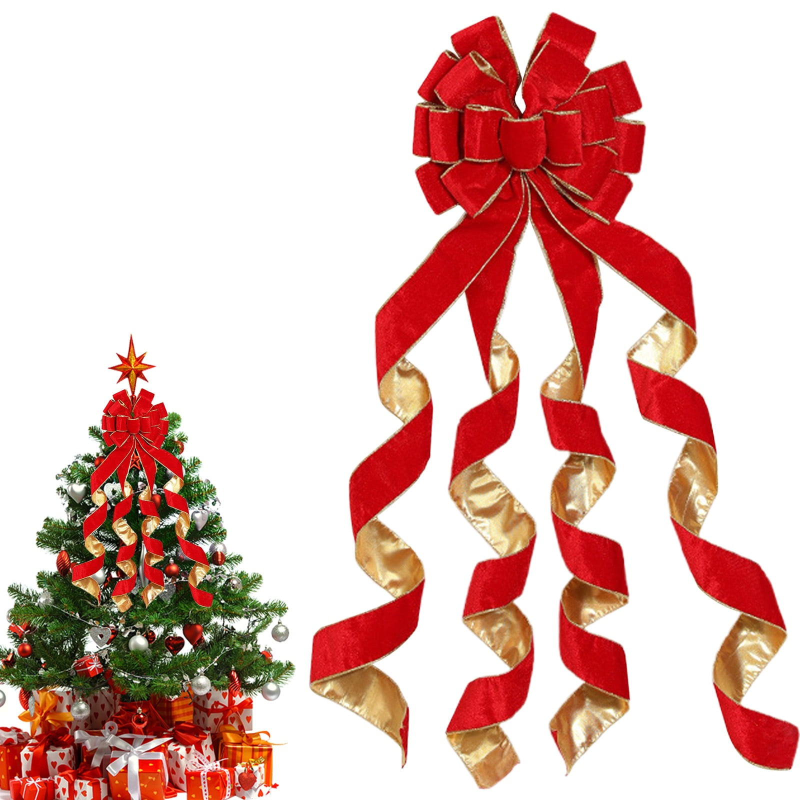 37.4" Large Velvet Gold Christmas Tree Topper Bow with Long Glittering ...