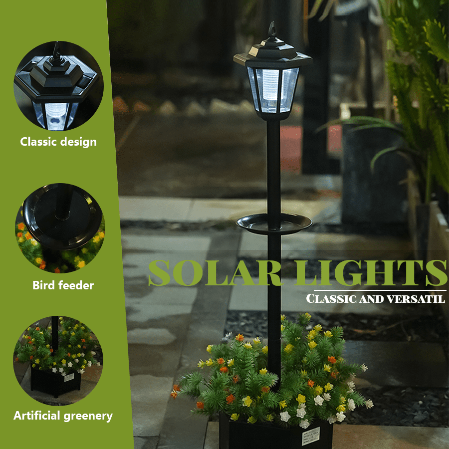 37.4" Solar Outdoor Floor Lamps with Planter & Bird Feeder (3-in-1 ...