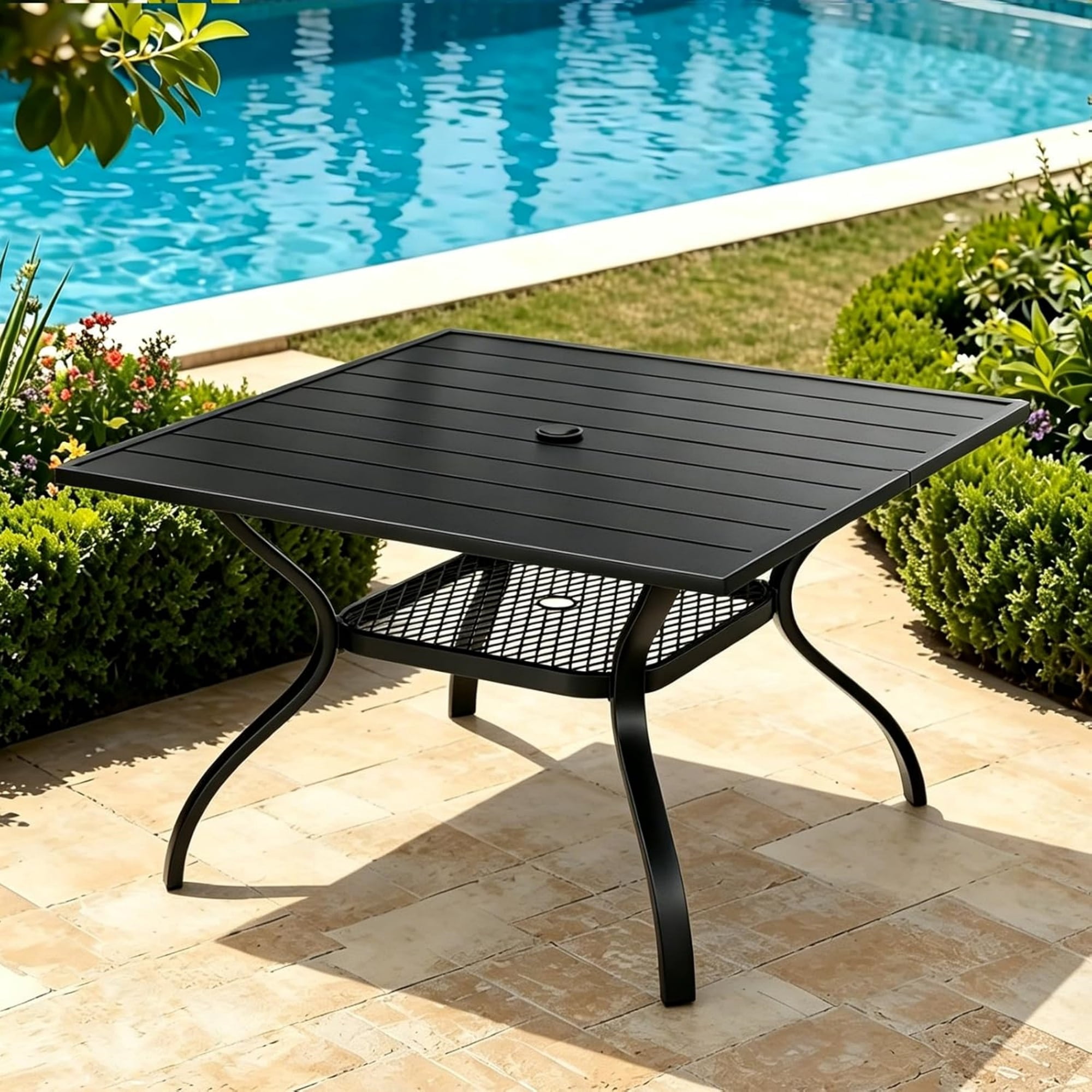 37.8 Inch Square Outdoor Table for 4, Heavy Duty Black Powder Coated ...