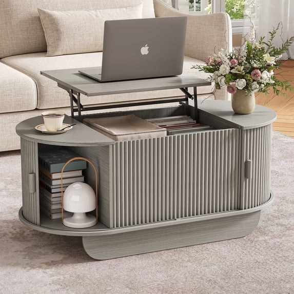 37.8"Wide Lift Top Coffee Table,Fluted Coffee Table With Storage And ...