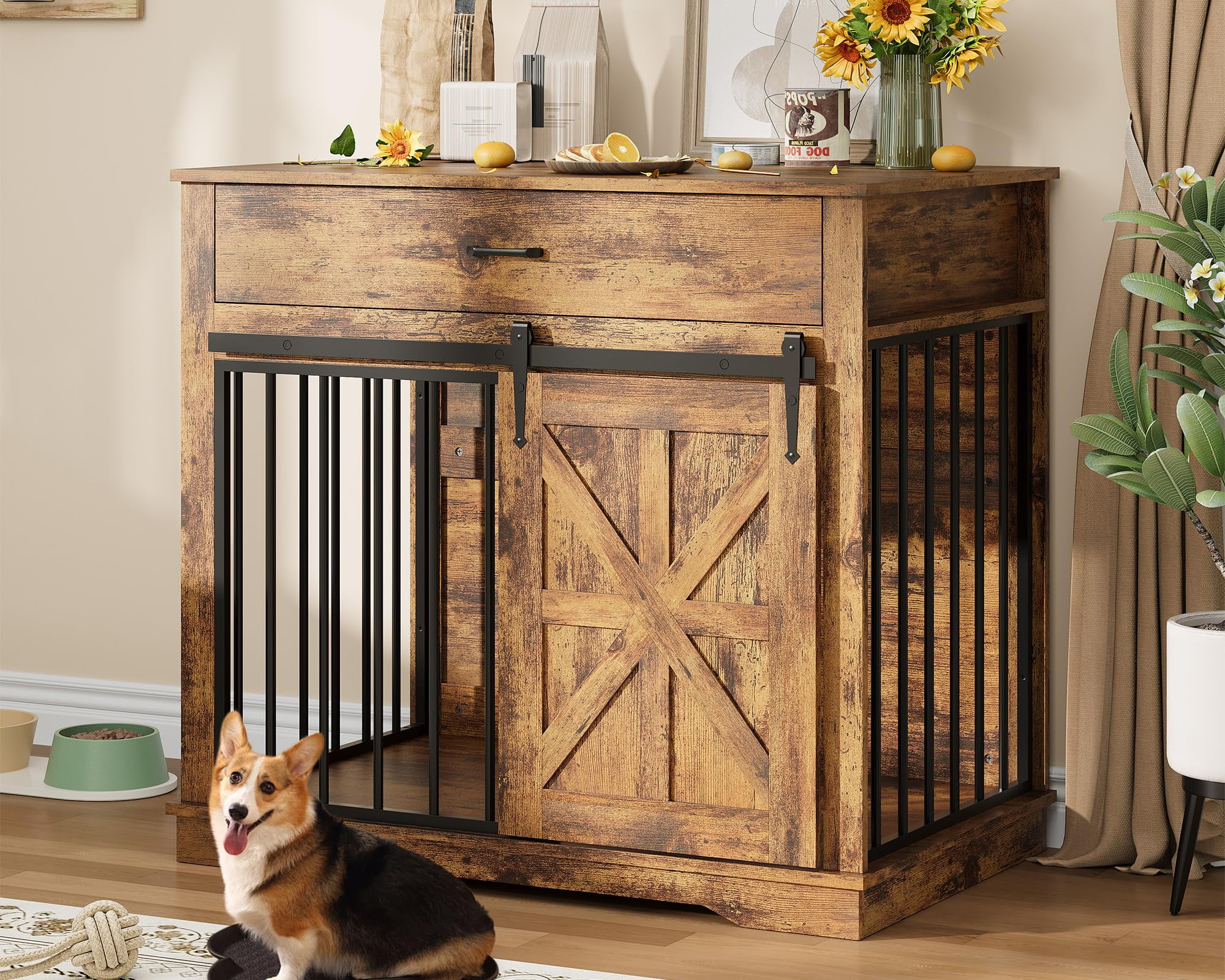 37.8" Wooden Dog Crate Furniture - Indoor Kennel Table & House for ...