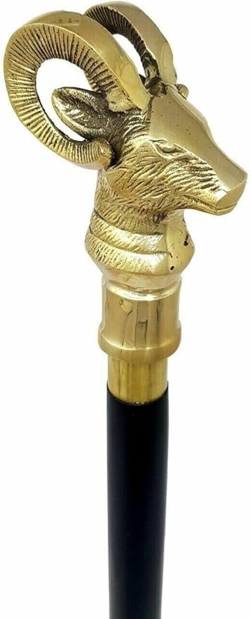 "37'' Antique Brass Goat Head Handle Walking Stick Cane | Black 3-Fold ...