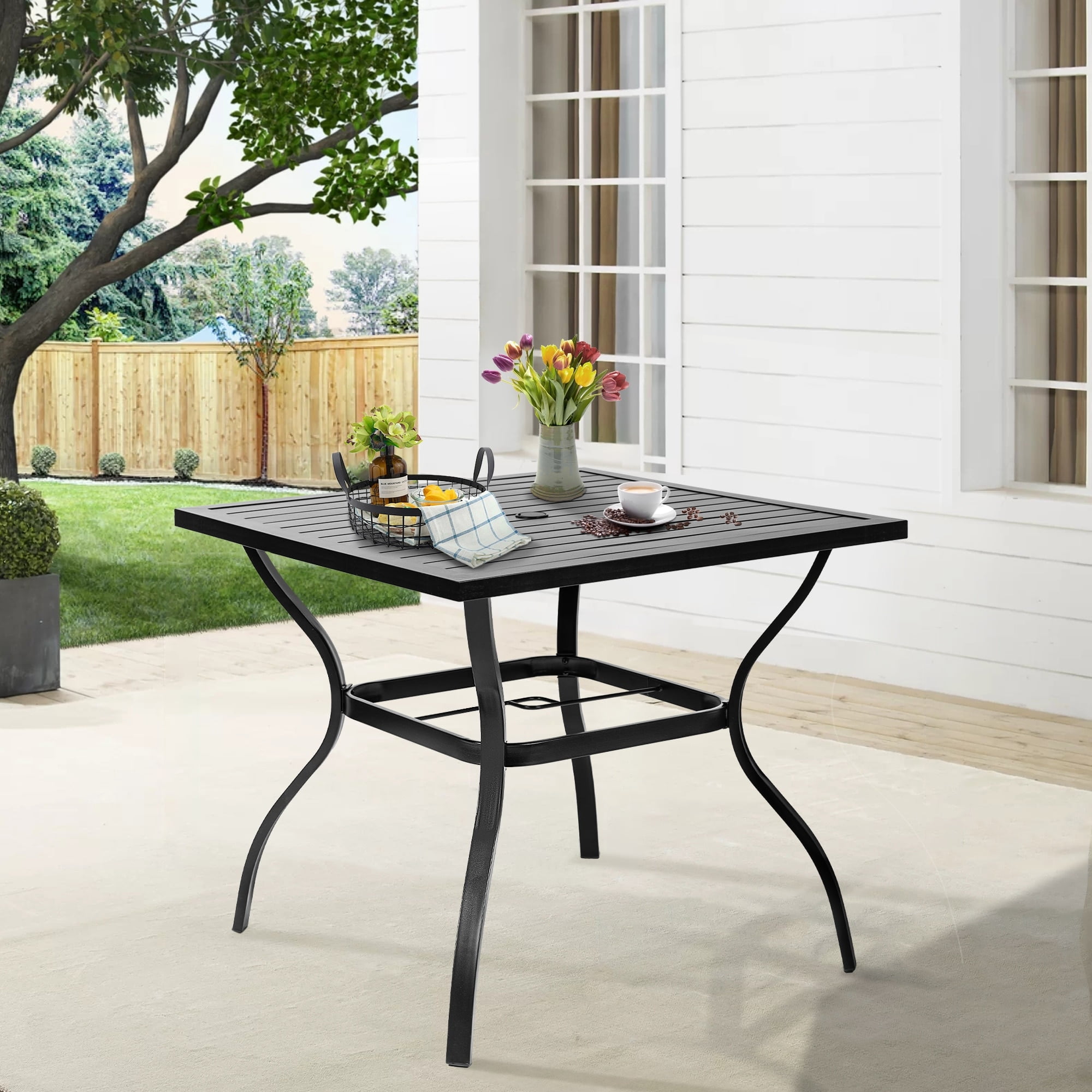 37" Black Square Outdoor Patio Metal Steel Slatted Dining Table with ...