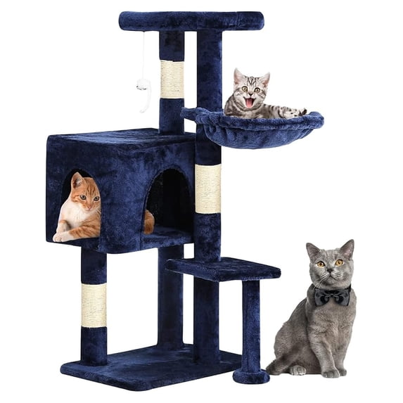 37" Cat Tree Tower Navy Blue - Multi-Level Cat Tree with Condo, Perch ...
