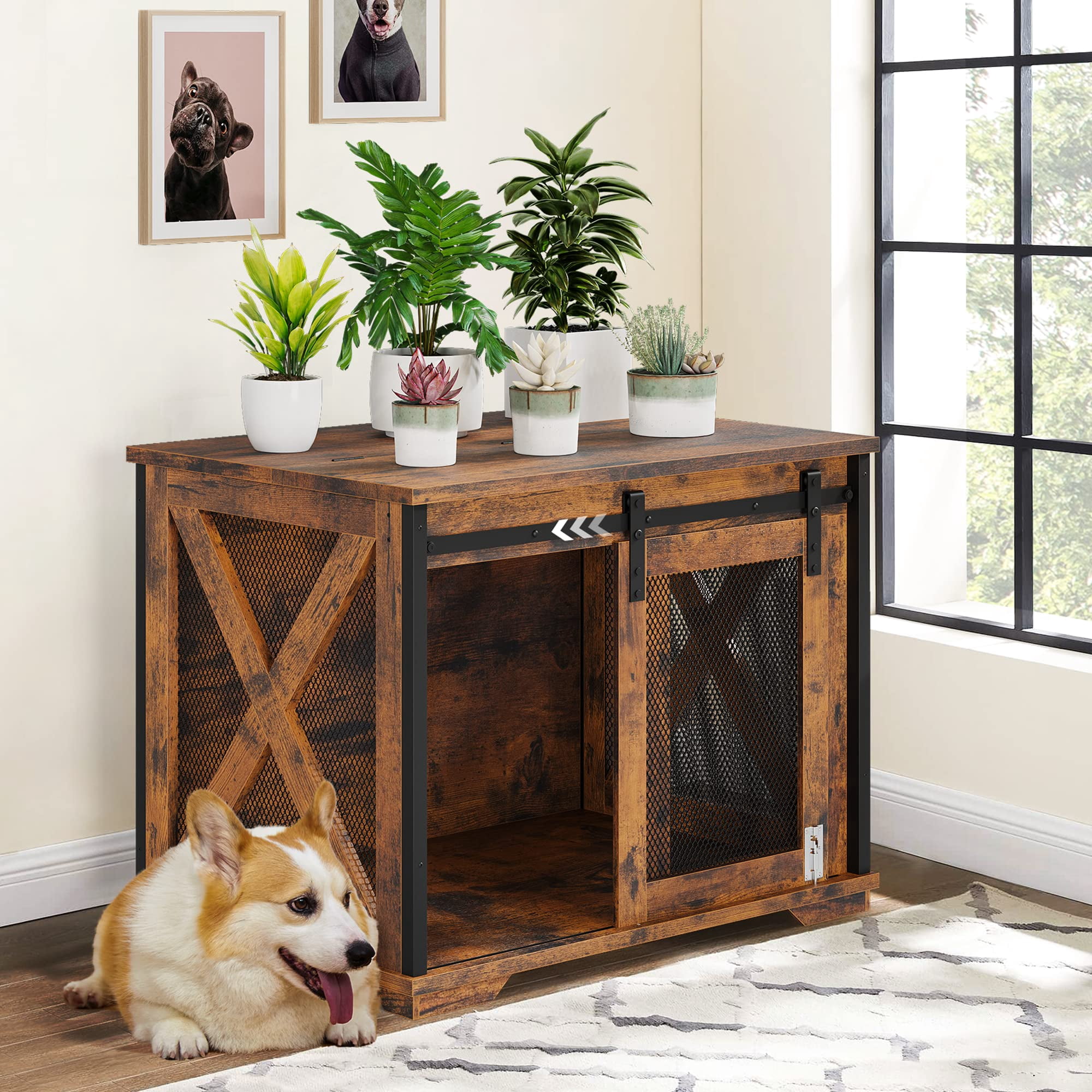 37'' Dog Crate Furniture Side End Table with Flip Top and Movable ...