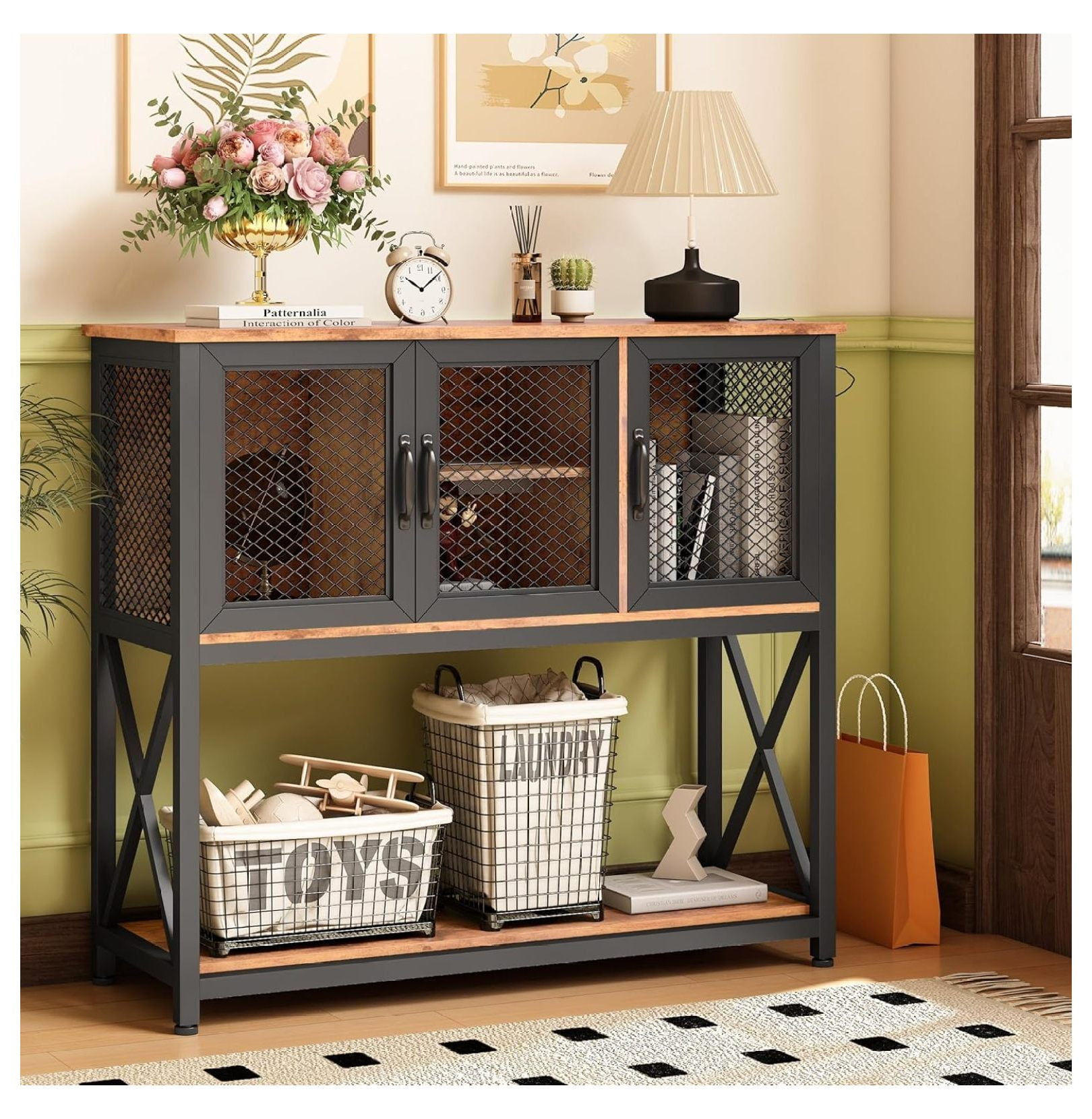 37" Farmhouse Entryway Table, Console Table with Iron Storage, Console ...