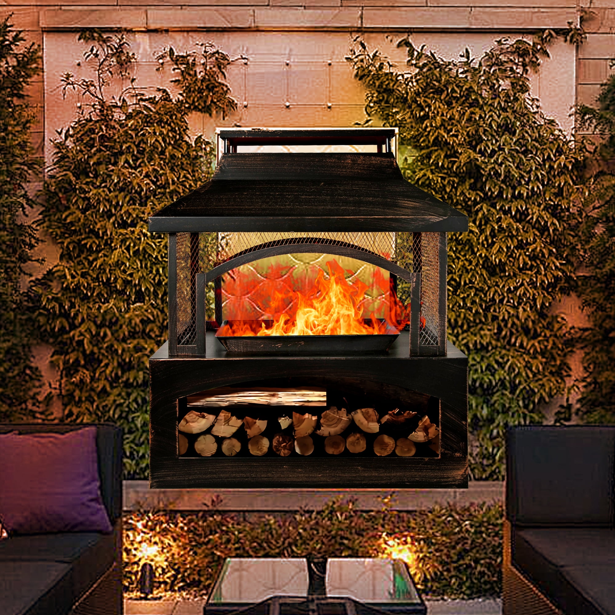 37-Inch Rectangular Metal Outdoor Wood Burning Fireplace - Outdoor ...